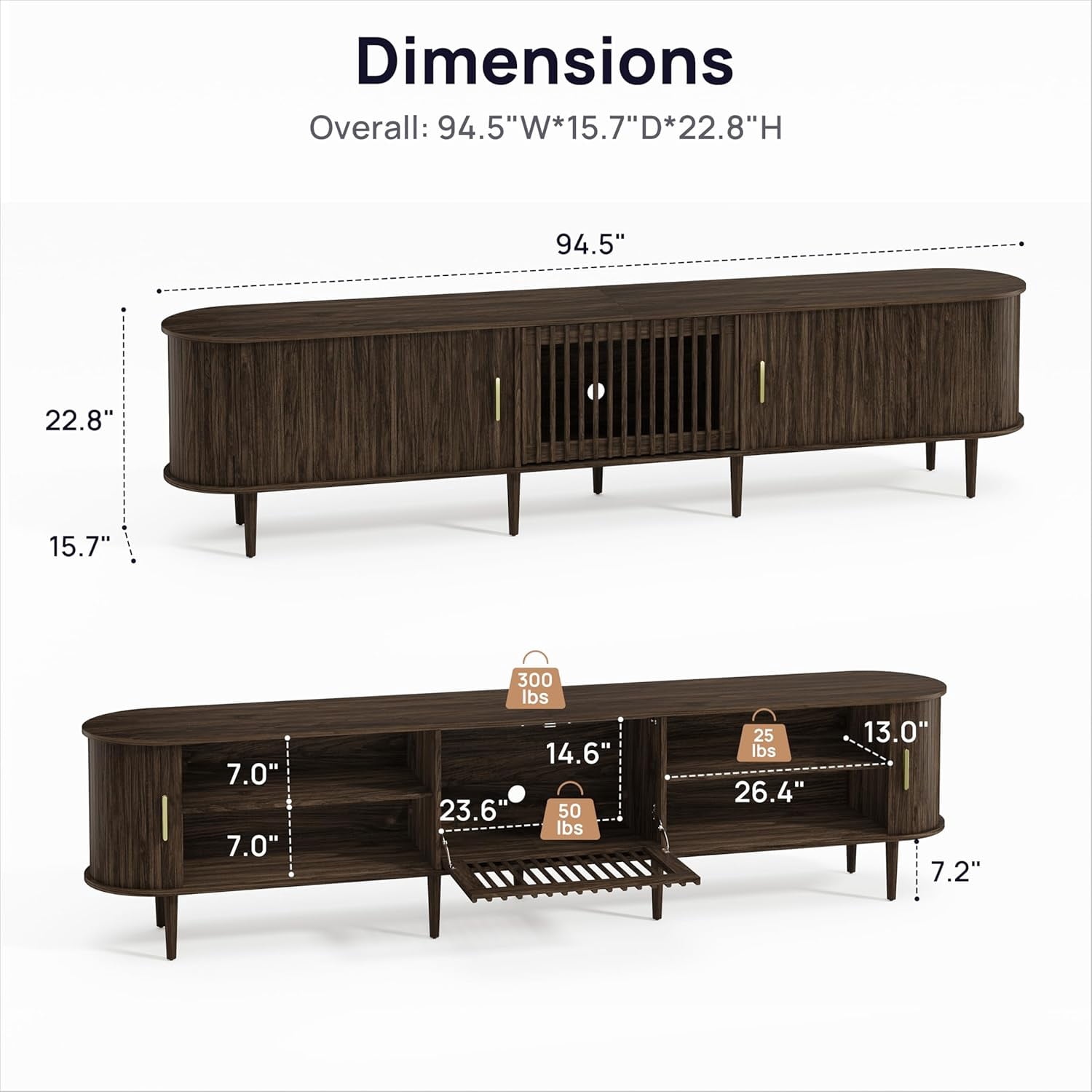 94.5 Inch Fluted Mid Modern TV Stand with LED Lights and Sliding for ...
