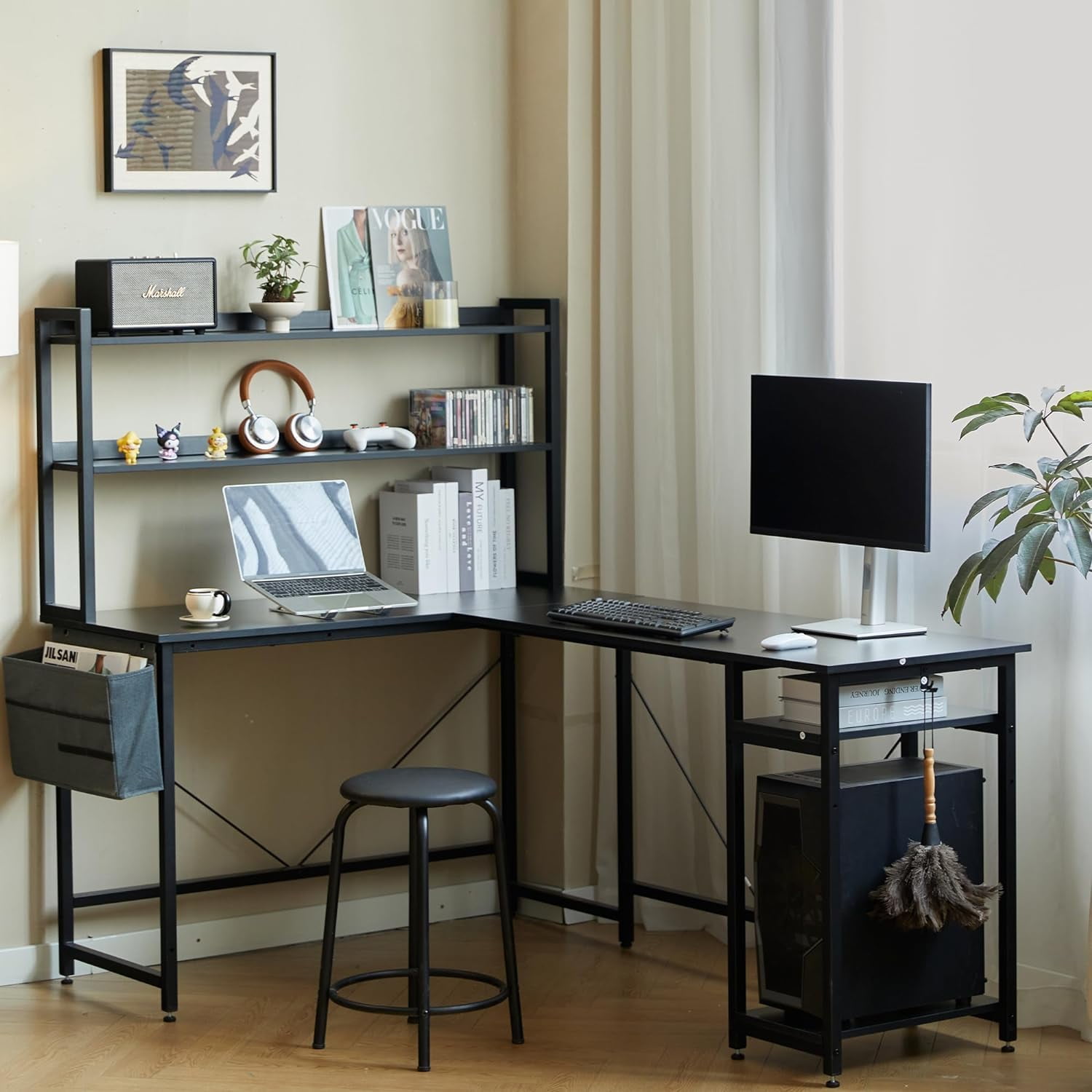 94.5" L Shaped Home Office Desk Sets with Storage Shelves and Stool ...