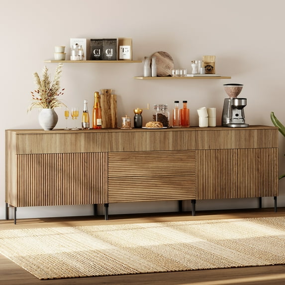 94.5" Modern Reeded Minimalist Sideboard with Doors and Drawers, 3-In-1 ...
