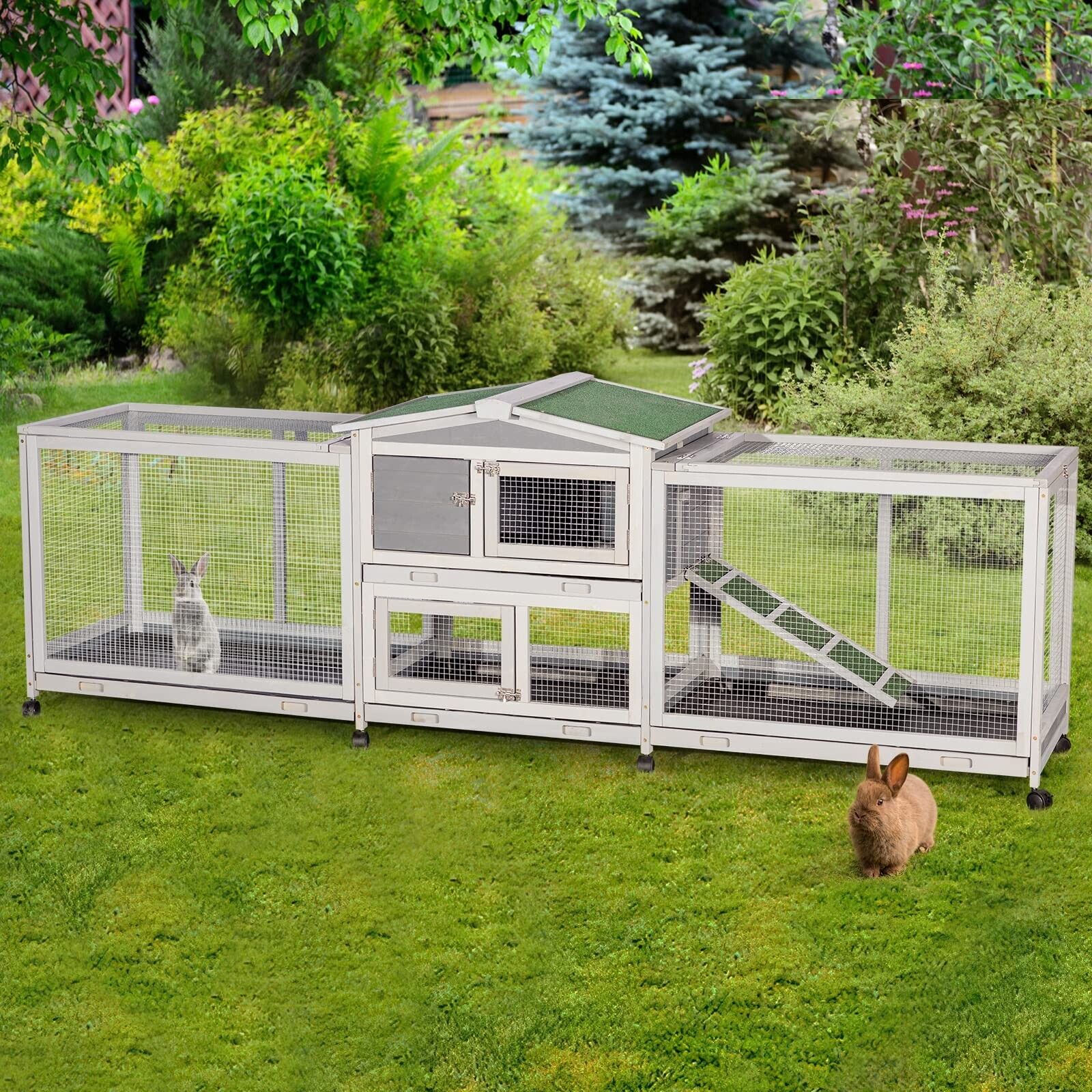 94.5'' Rabbit Hutch Bunny Cage Two Run Cage Outdoor Wooden Small Animal ...