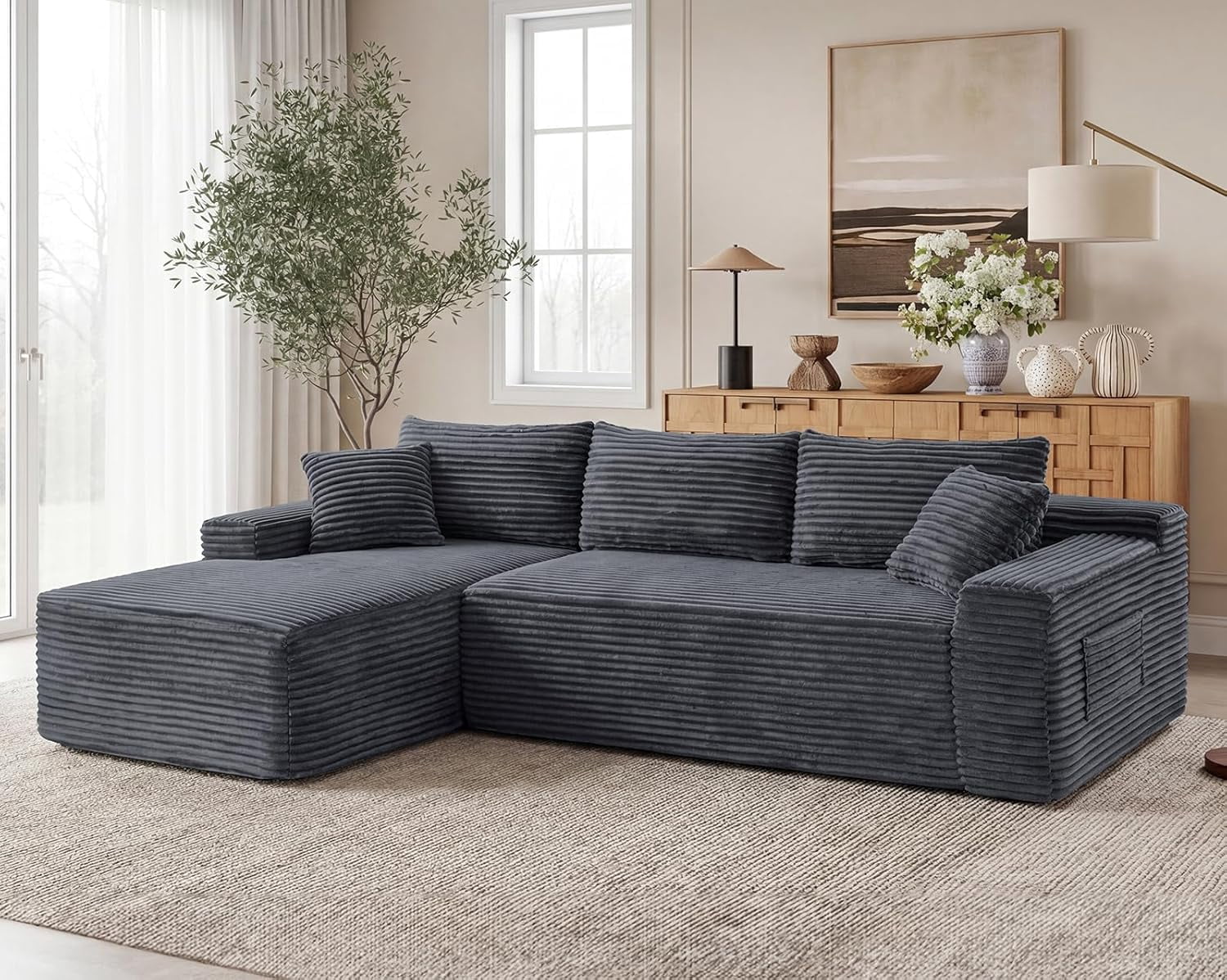94.5" Sectional Couch with Chaise, L-Shaped Boneless Sofa Modular Comfy ...