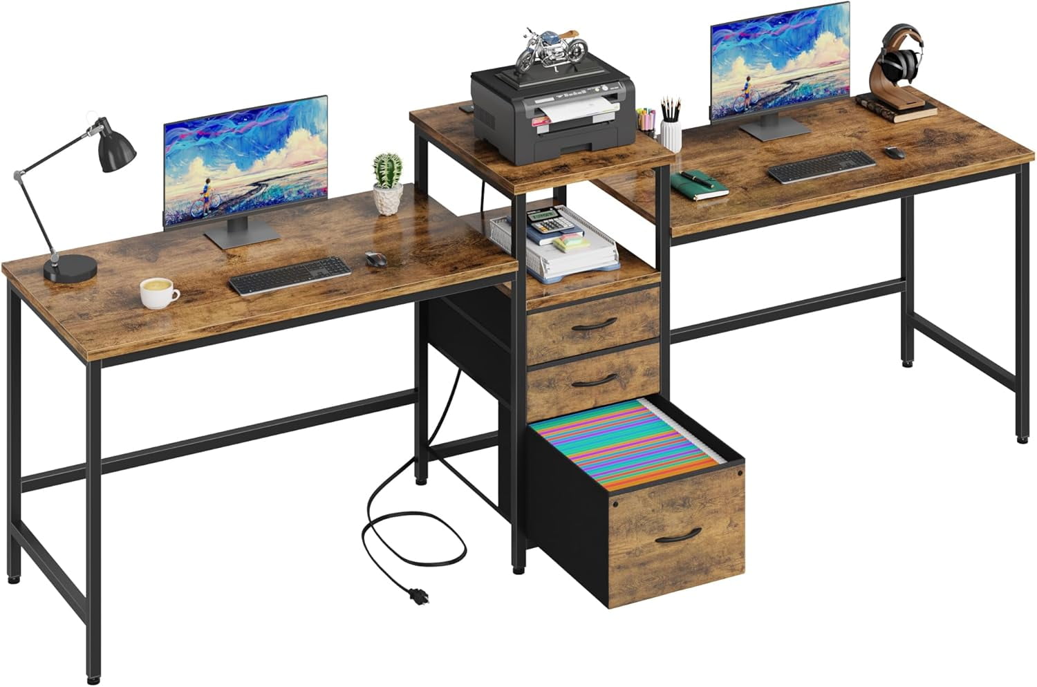 94.5'' Two Person Desk with Charging Station, Long Desk with 3 Fabric ...