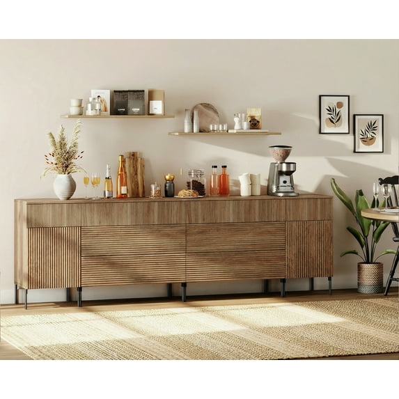 94.5" Wooden Reeded Sideboard with Built-in Charging Station, 4-In-1 ...