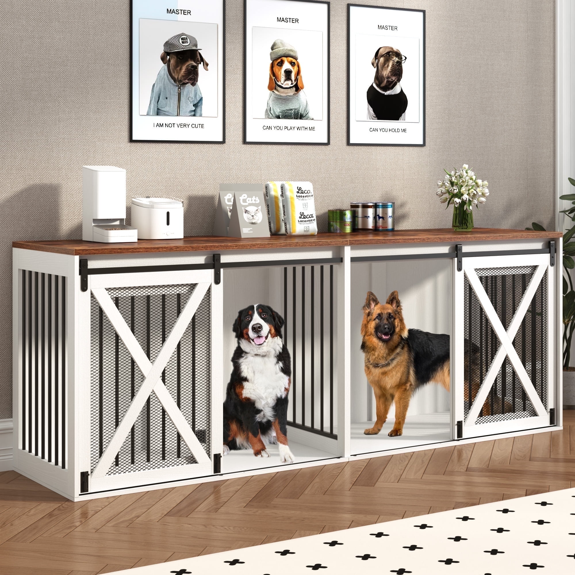 94.5" XXXL Dog Crate Furniture for 2 Large Dogs, Farmhouse Dog Kennel ...