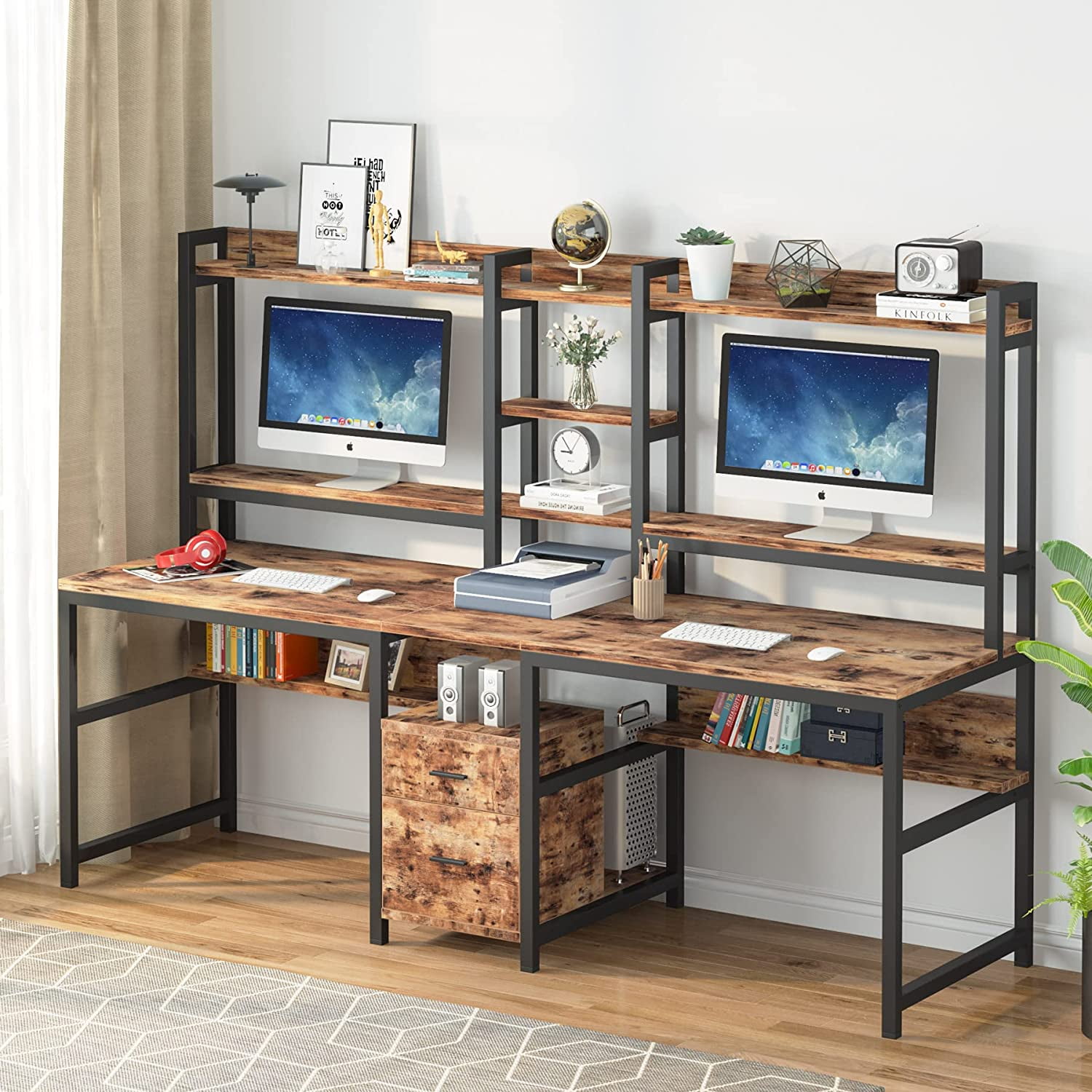 94.5 inch Double Computer Desk with Hutch, Two Person Desk with Storage ...