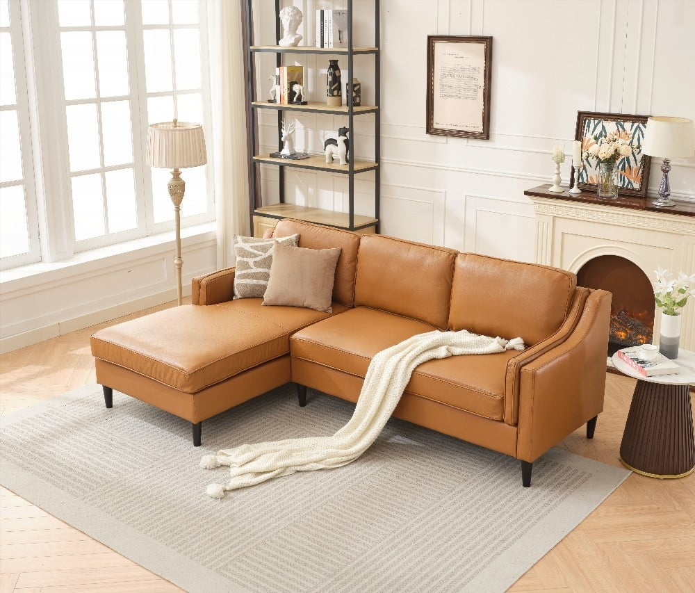 94.5 inch Modern Style Genuine Leather Sofa, Tan, Left Chaise with ...