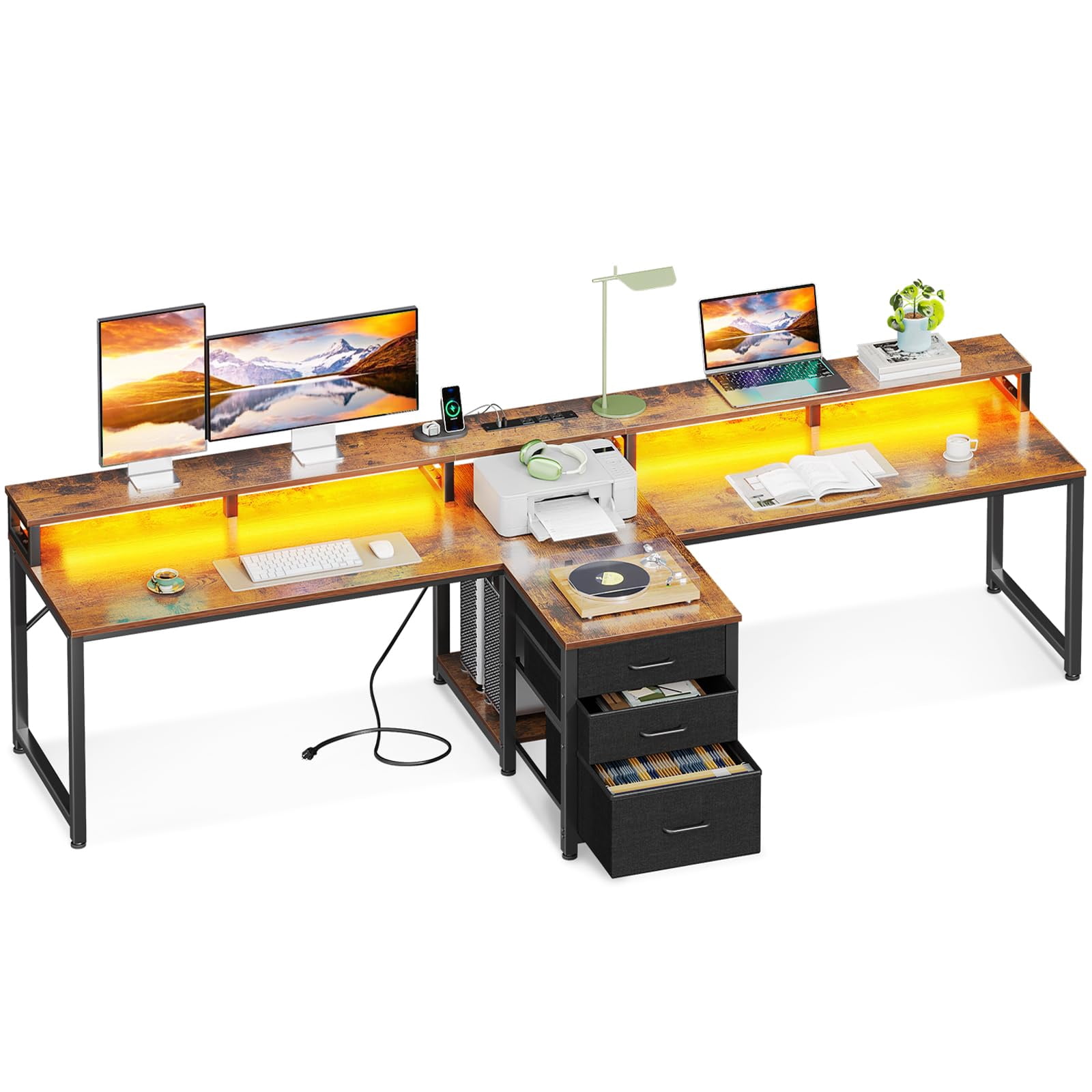 94 Inch Two Person Computer Desk with Fabric Drawers, File Cabinet ...