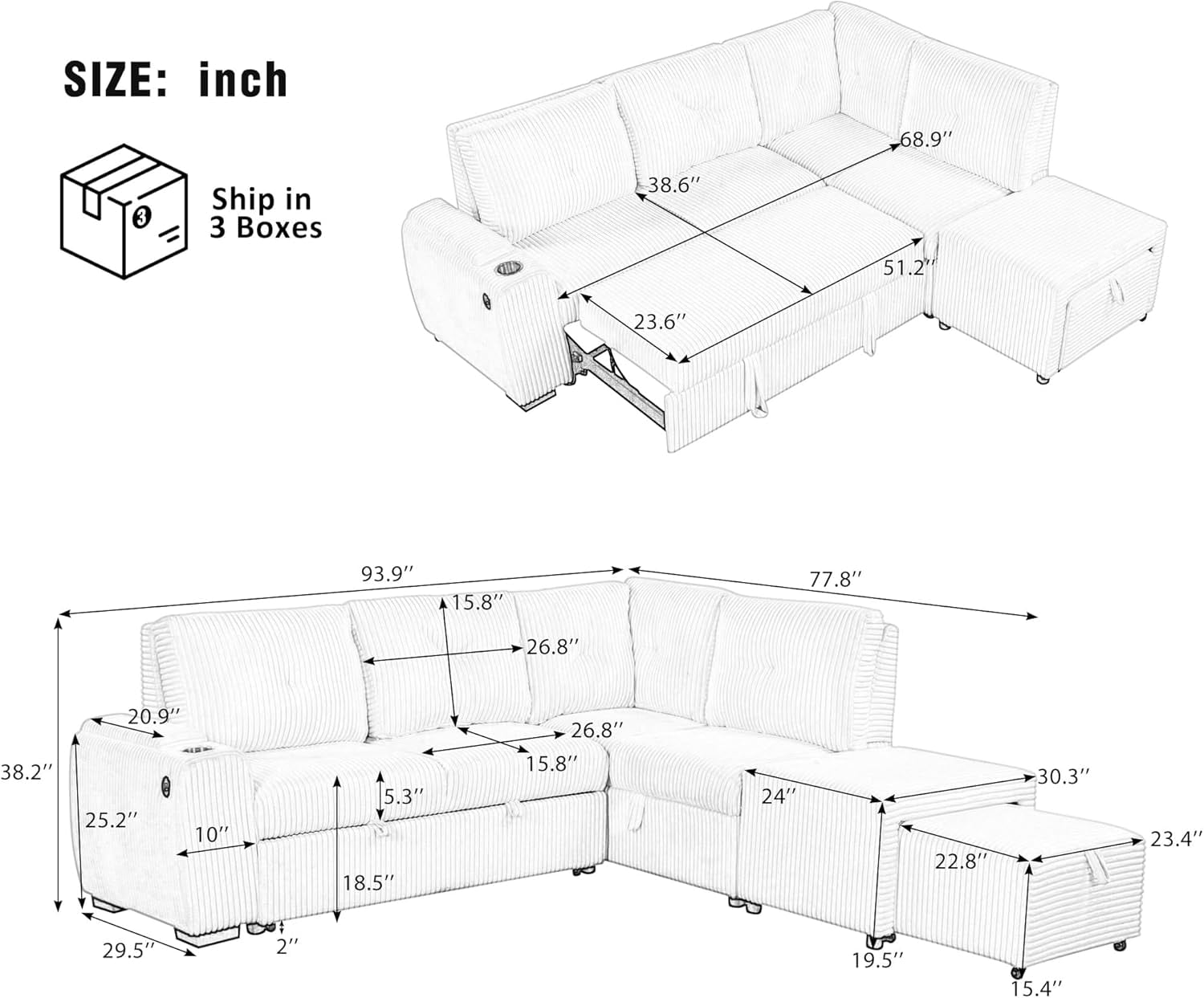 94" Sectional Sofa Pull-Out Sofa Bed with Movable Ottoman & Stool ...