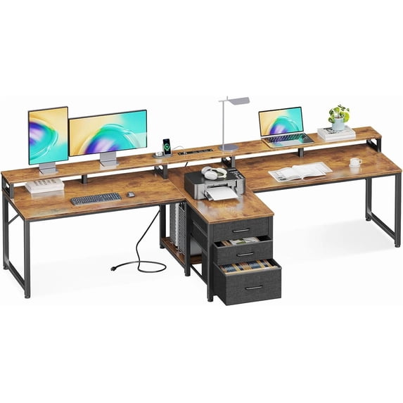 94" Two-Person Computer Desk with Power Outlet & USB Ports, Fabric ...