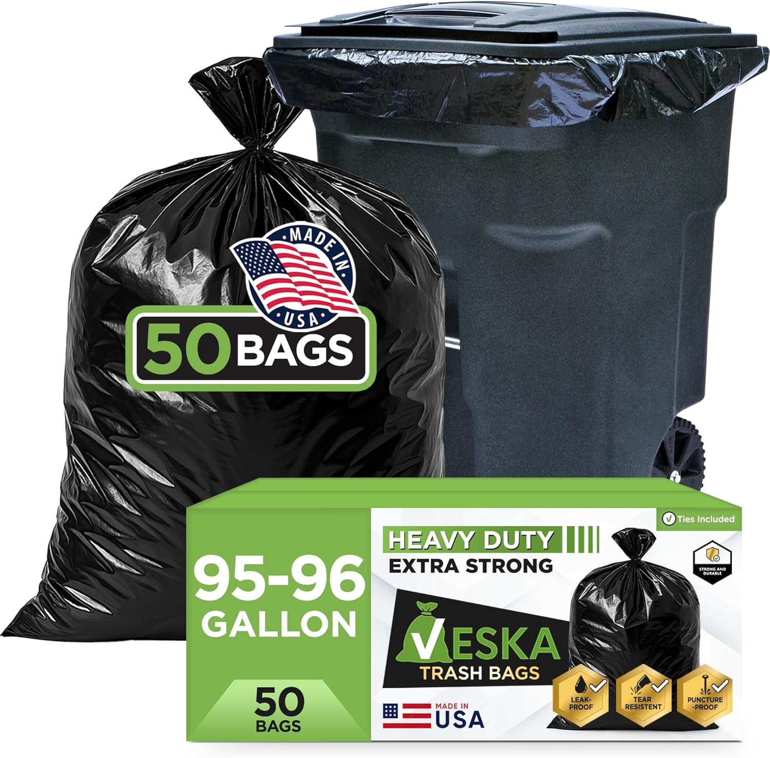 95-96 Gallon Trash Bags Heavy Duty (Huge 50 Bags W/Ties) 95-96 Gallon ...