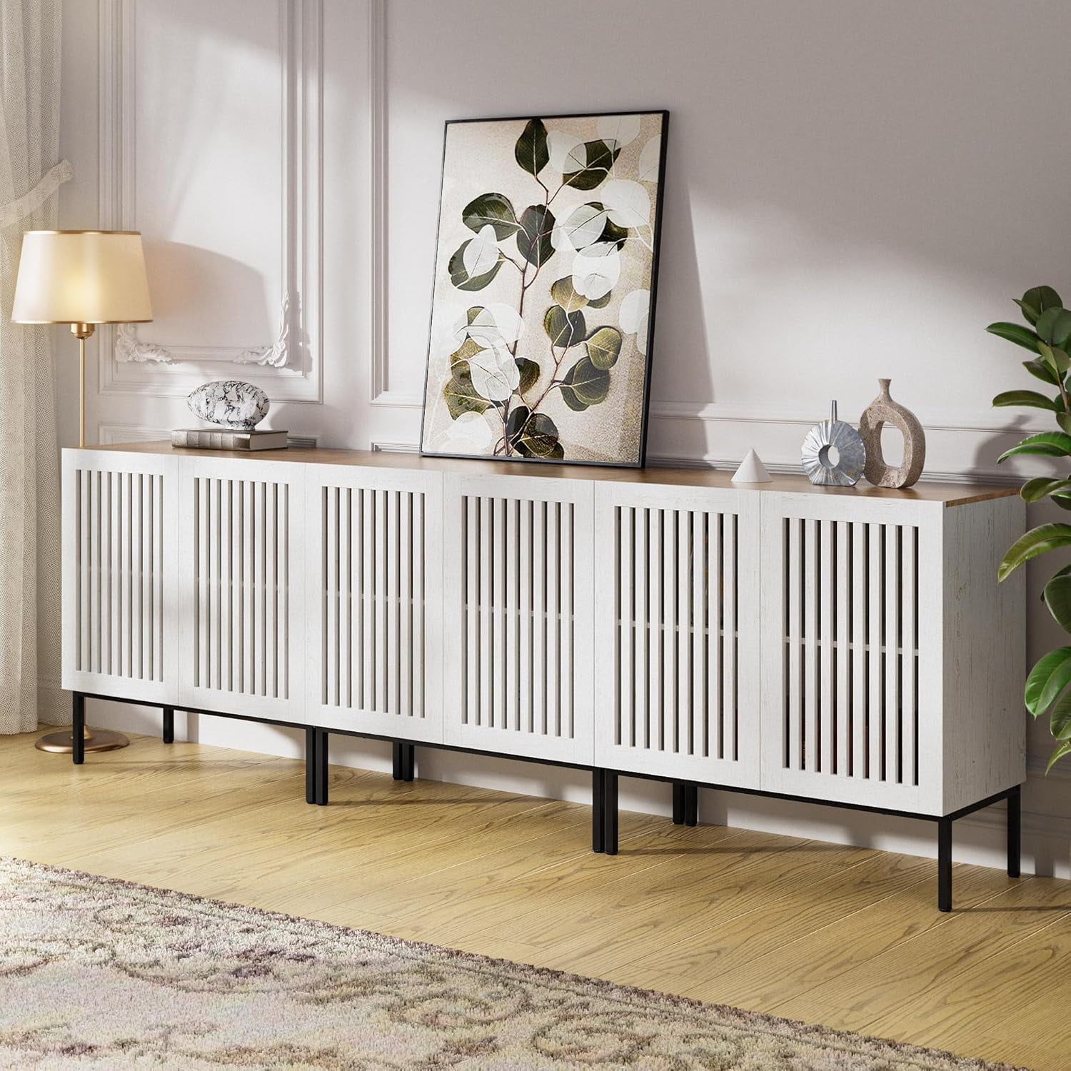 95" Farmhouse Buffet Cabinet with Metal Base, Adjustable Shelves & 6 ...