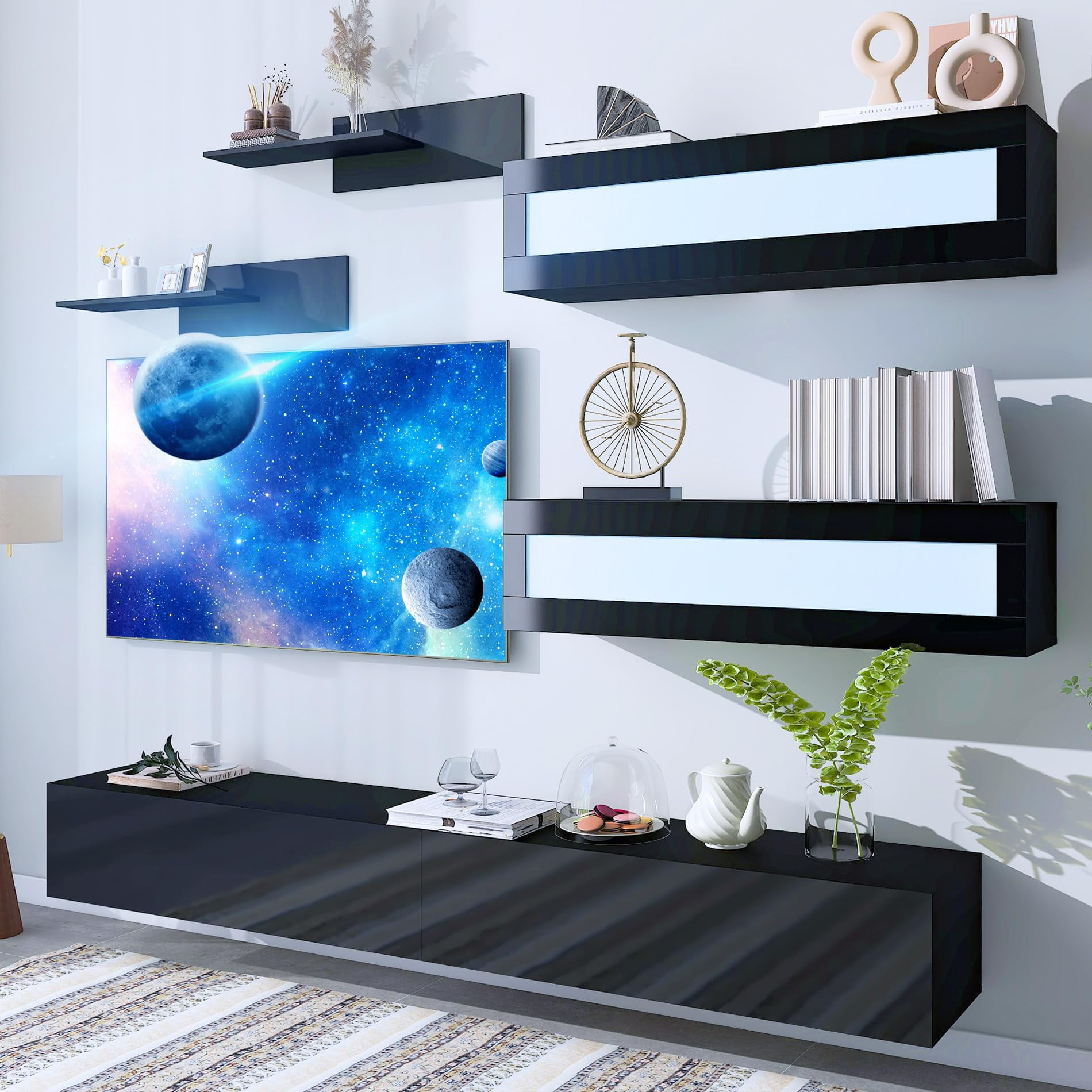 95" Floating Entertainment Center Set, 6 Pieces Floating TV Stand Set ...