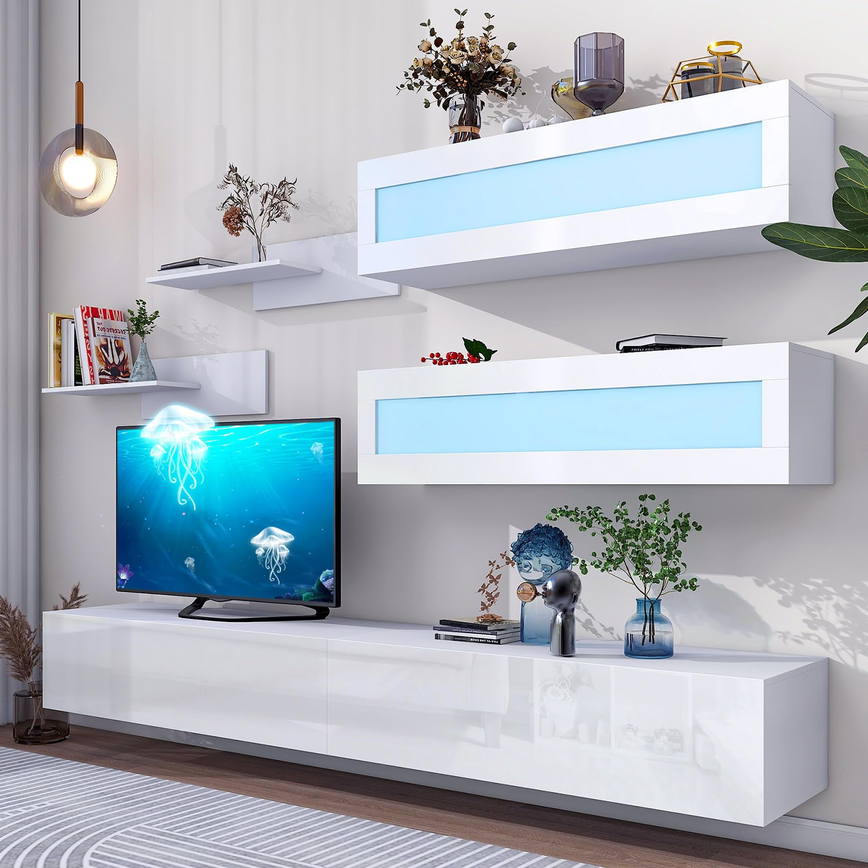 95" Floating Entertainment Center Set, 6 Pieces Floating TV Stand Set ...