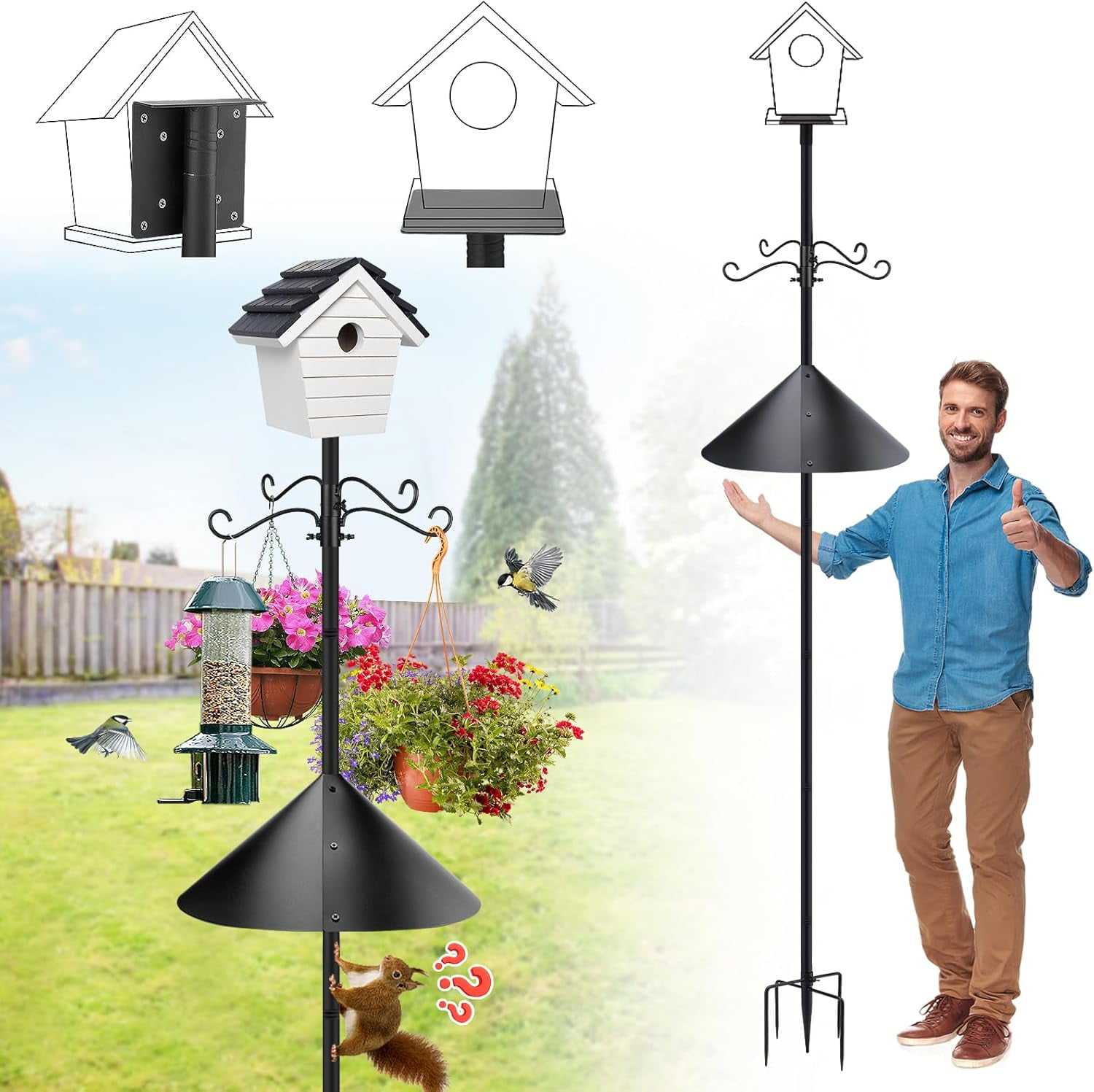 95 Inch Bird Feeder Pole with Squirrel Baffle - Adjustable Height Bird ...