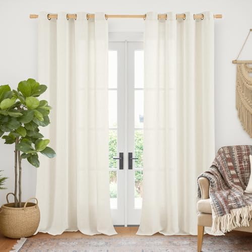 95 Inch Length Ivory Linen Curtains Living Room, Semi Sheer Drapes ...