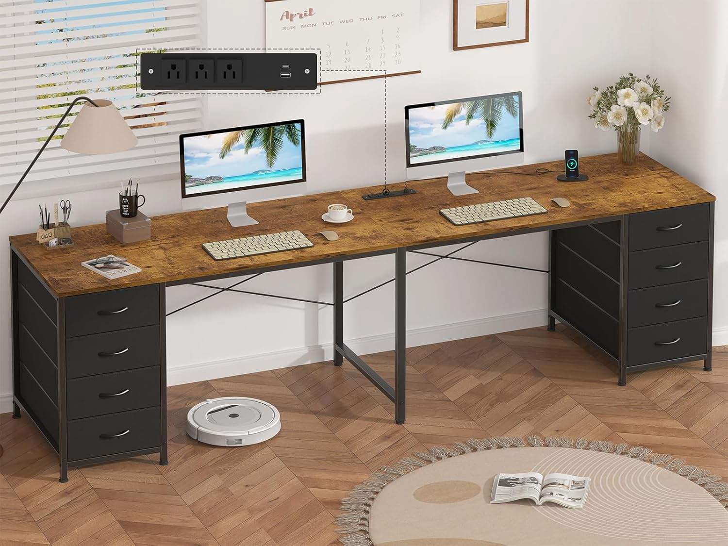 95-Inch Two-Person Desk with 8 Fabric Drawers and Built-in Charging ...