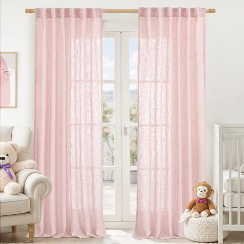 95 Inches Long Pink Linen Curtains for Living Room, Back Tab and Rod ...