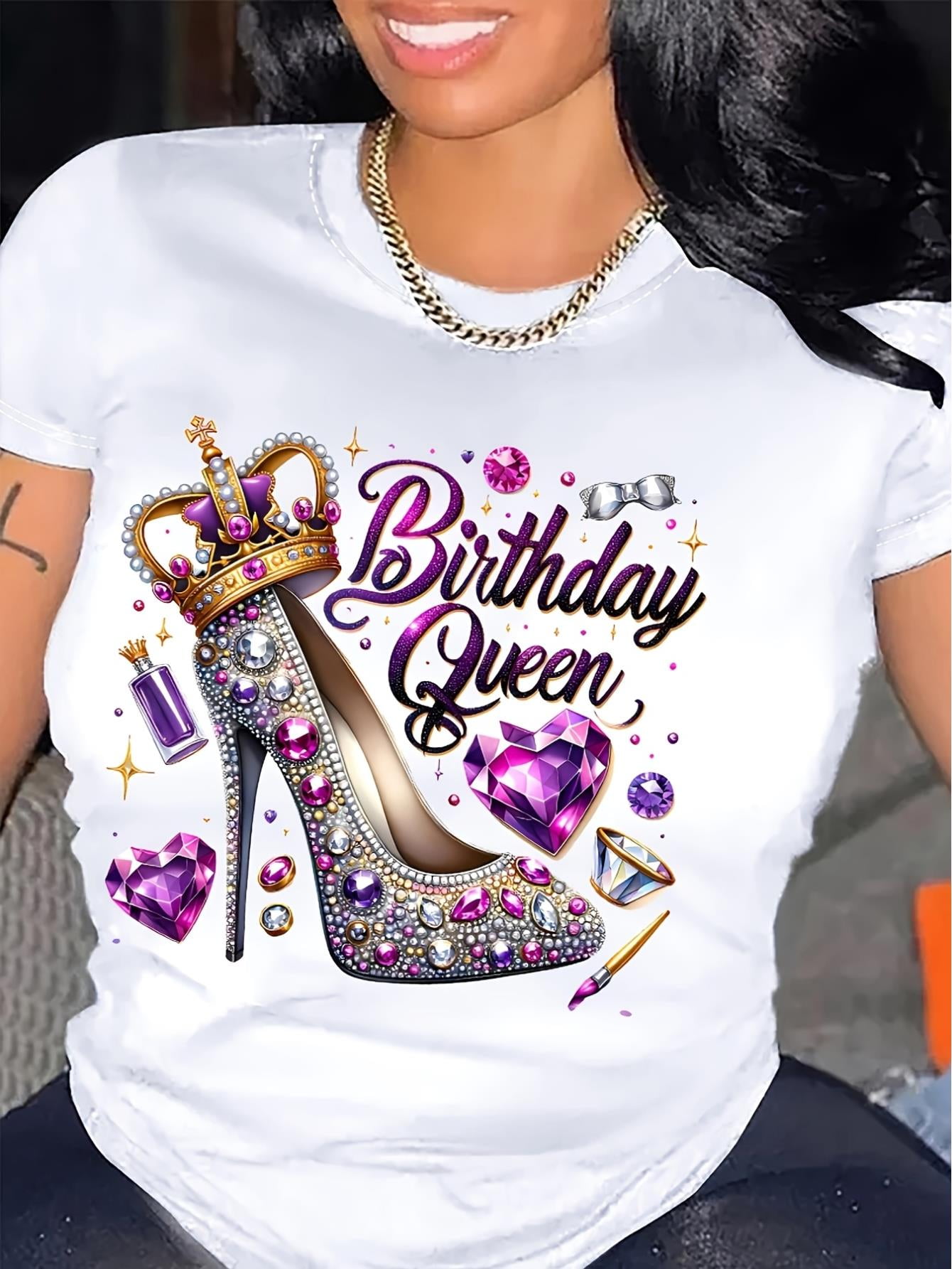 [95% Polyester Casual Crew Neck] 1pc Birthday Queen High Heel & Jewelry ...