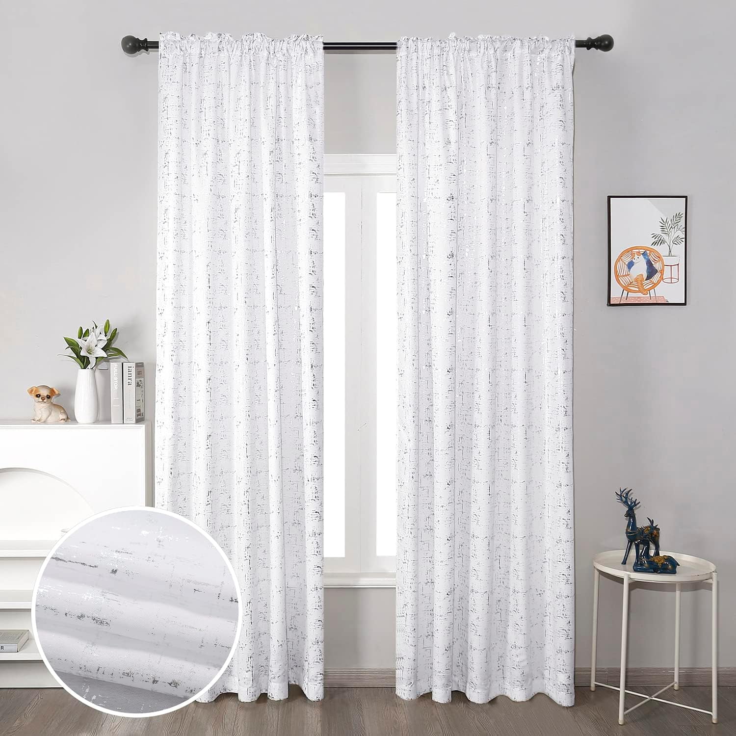 95" Silver Luxury Curtains - Light Filtering Geometric Dot Rod Pocket ...