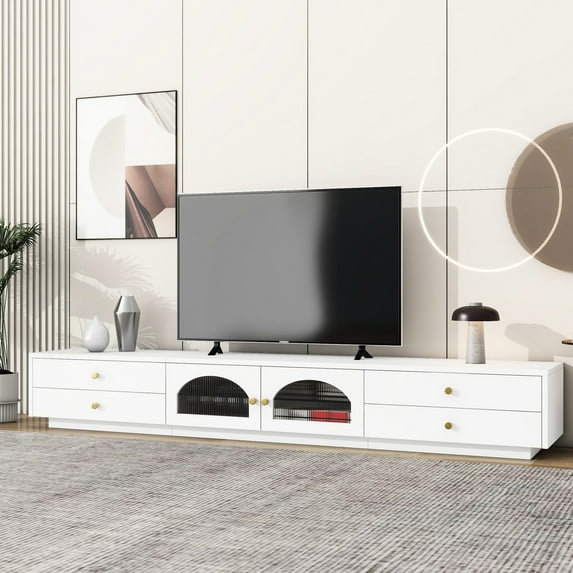 95'' TV Stand in White with Tempered Glass Shelves | Elegant Fluted ...