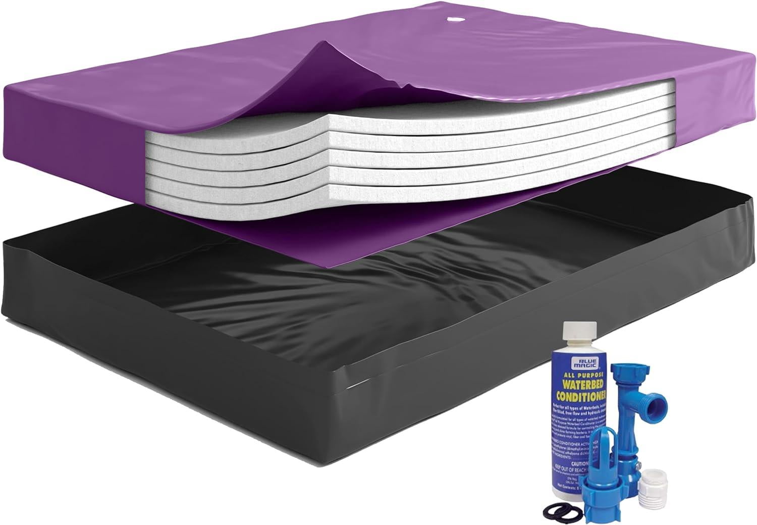 95% Waveless Hardside Waterbed Mattress Bundle with Five Wave Reducing Fiber Layers, Liner, Fill ...
