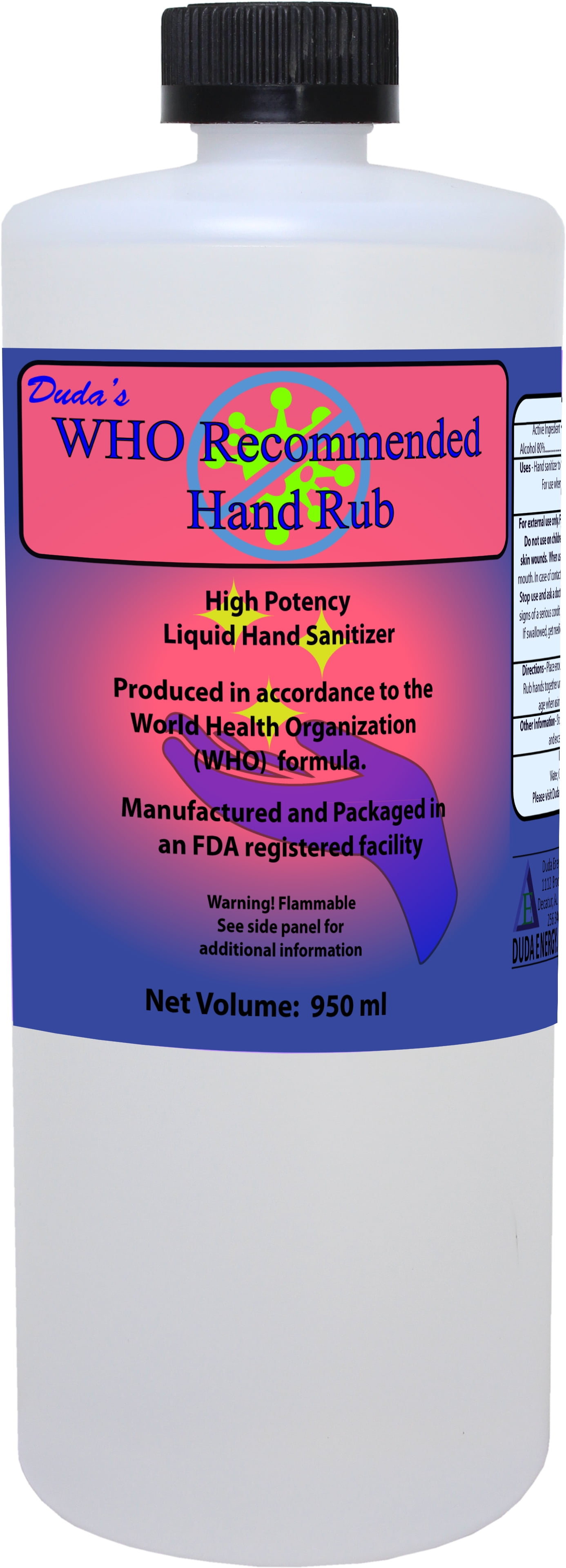 950ml Bottle Duda's WHO Recommended Hand Rub, 80% Ethanol, Liquid Hand ...
