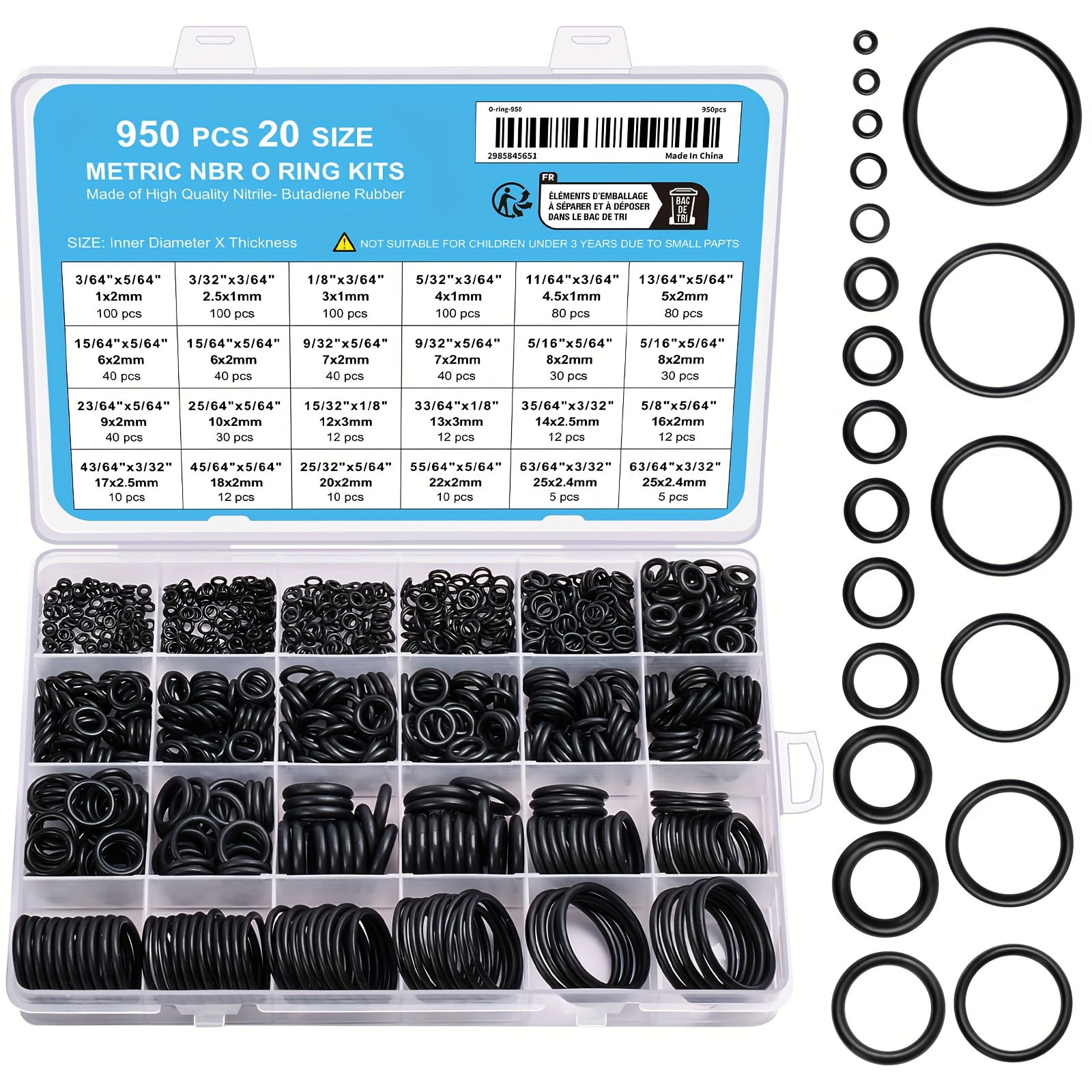 950pcs Rubber O Ring Kits 20 Sizes Washer Gasket Set For Pressure ...