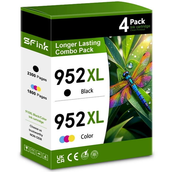 952XL Ink 4-Pack Combo Pack (1BK/1C/1M/1Y) Compatible for HP 952 Ink Cartridges for OfficeJet ...