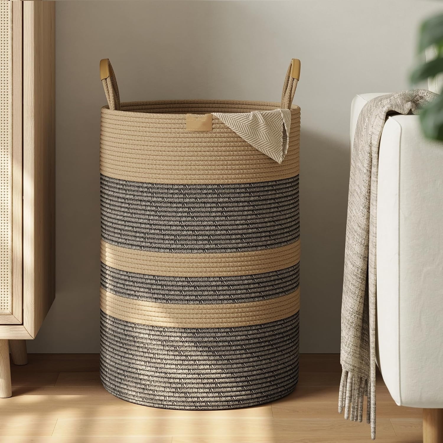95L Striped Laundry Hamper with Leather Handles,Large Foldable Laundry ...