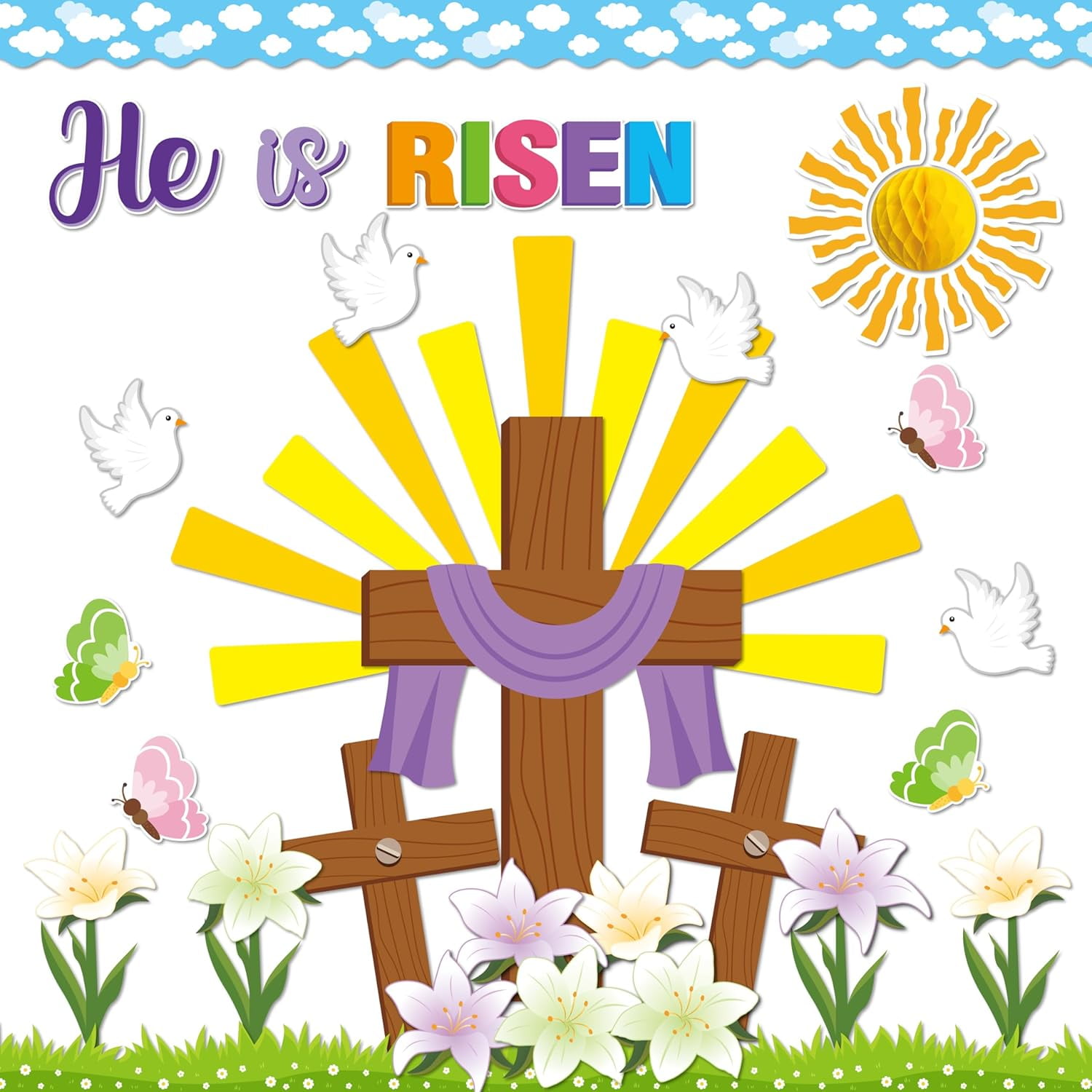 95Pcs Easter He is Risen Cross Bulletin Board Set Sun Honeycomb Jesus ...