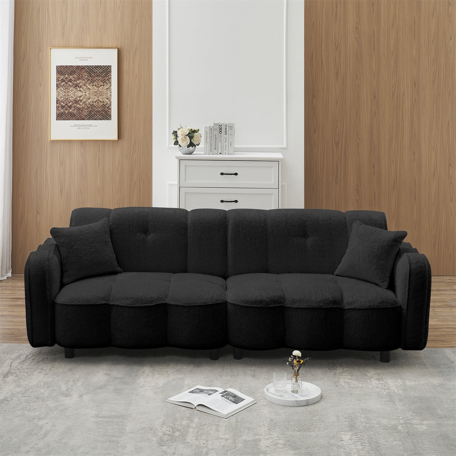 96.06" Plush Sofa, Modern Teddy Velvet Upholstered Sofa for Living Room, Contemporary Boucle ...