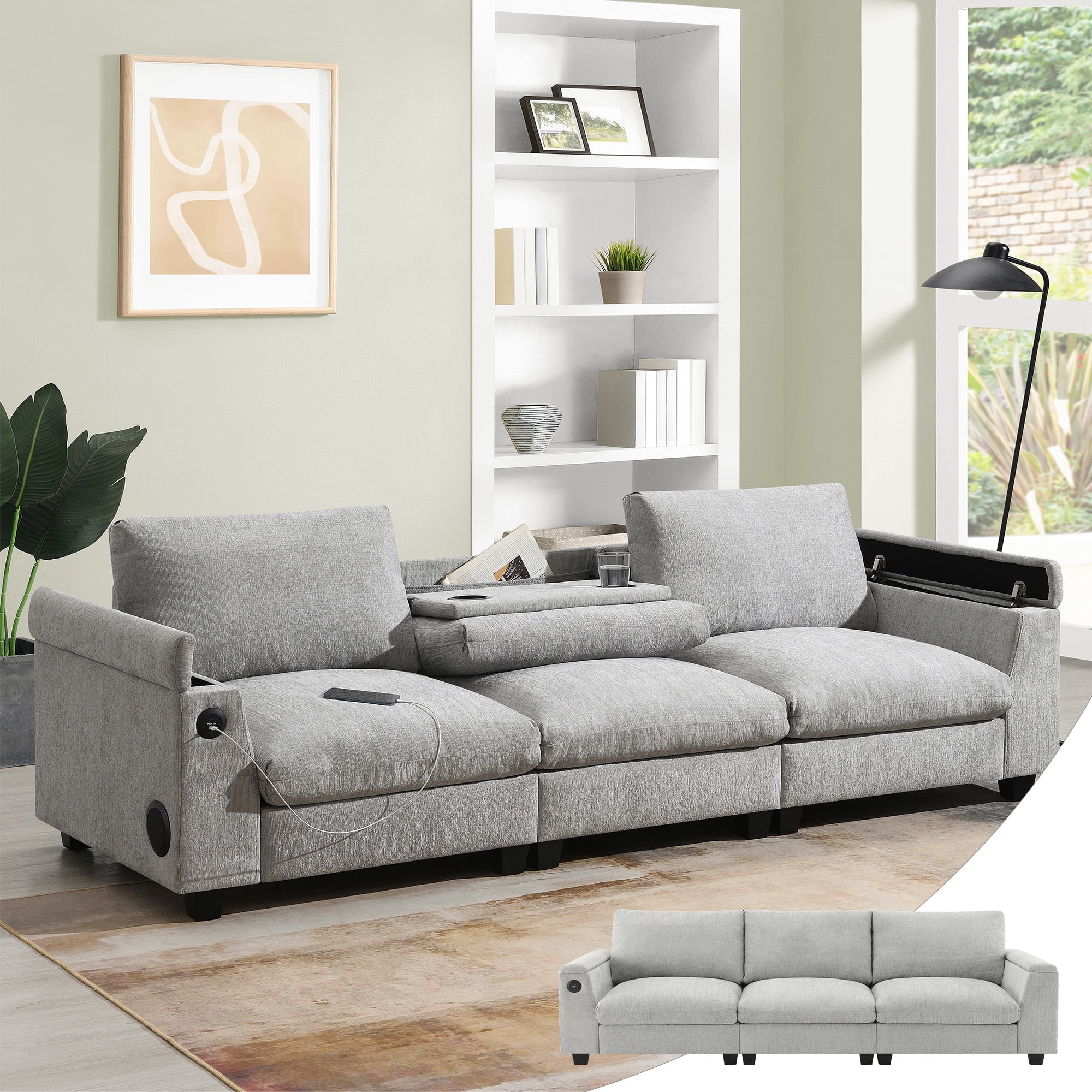 96"3 Seats Comfy Cloud Sofa With Bluetooth Speaker,Two Drop Down Table ...