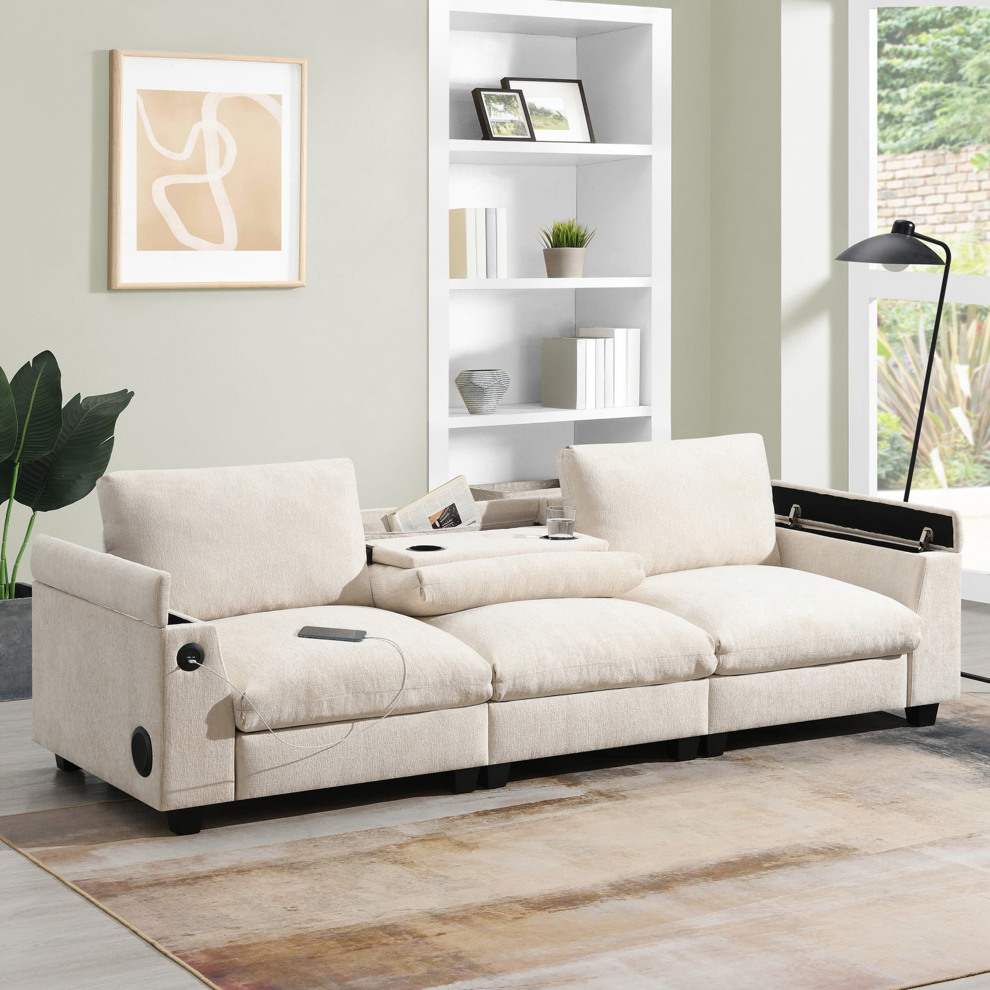 96*35''Chenille Sectional Sofa with Bluetooth Speaker,Comfy Cloud Couch ...