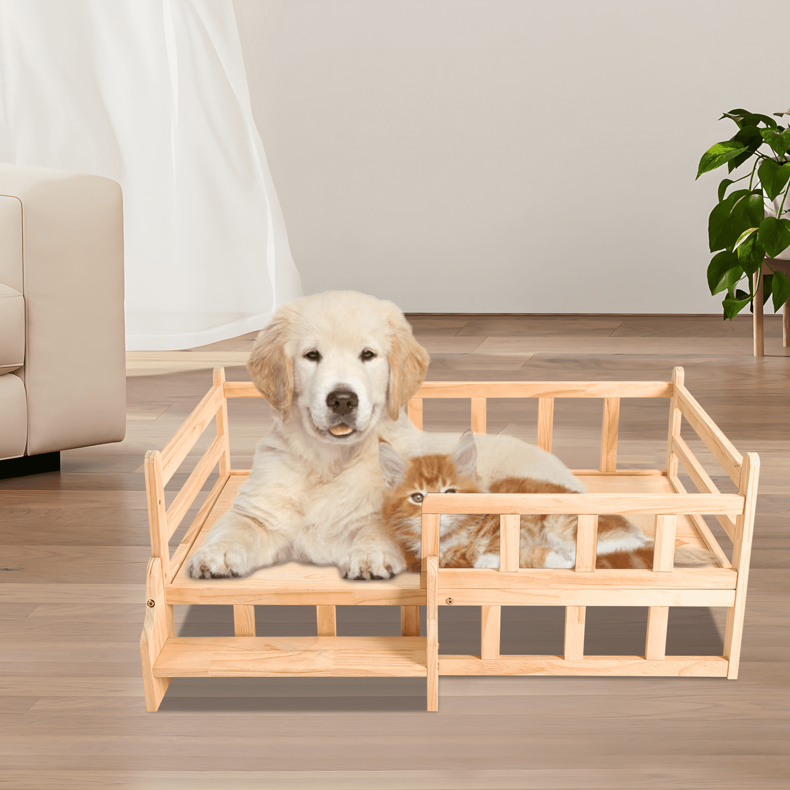 96*56cm Solid Pine Wood Pet Bed Frame Elevated Fence Dog Cat Wooden Bed ...