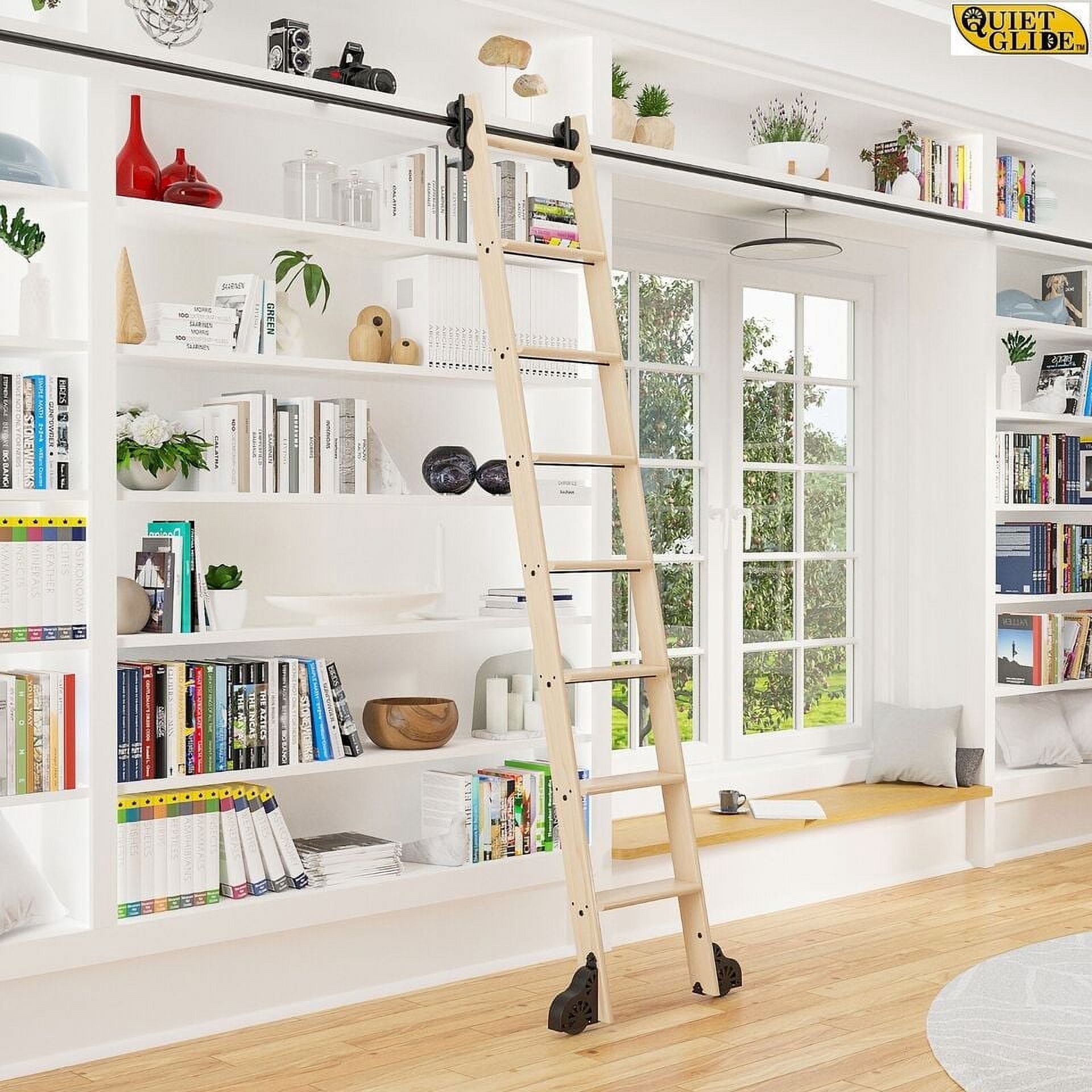 96.75 in. Unfinished Maple Library Ladder Black Rolling Ladder Kit with ...