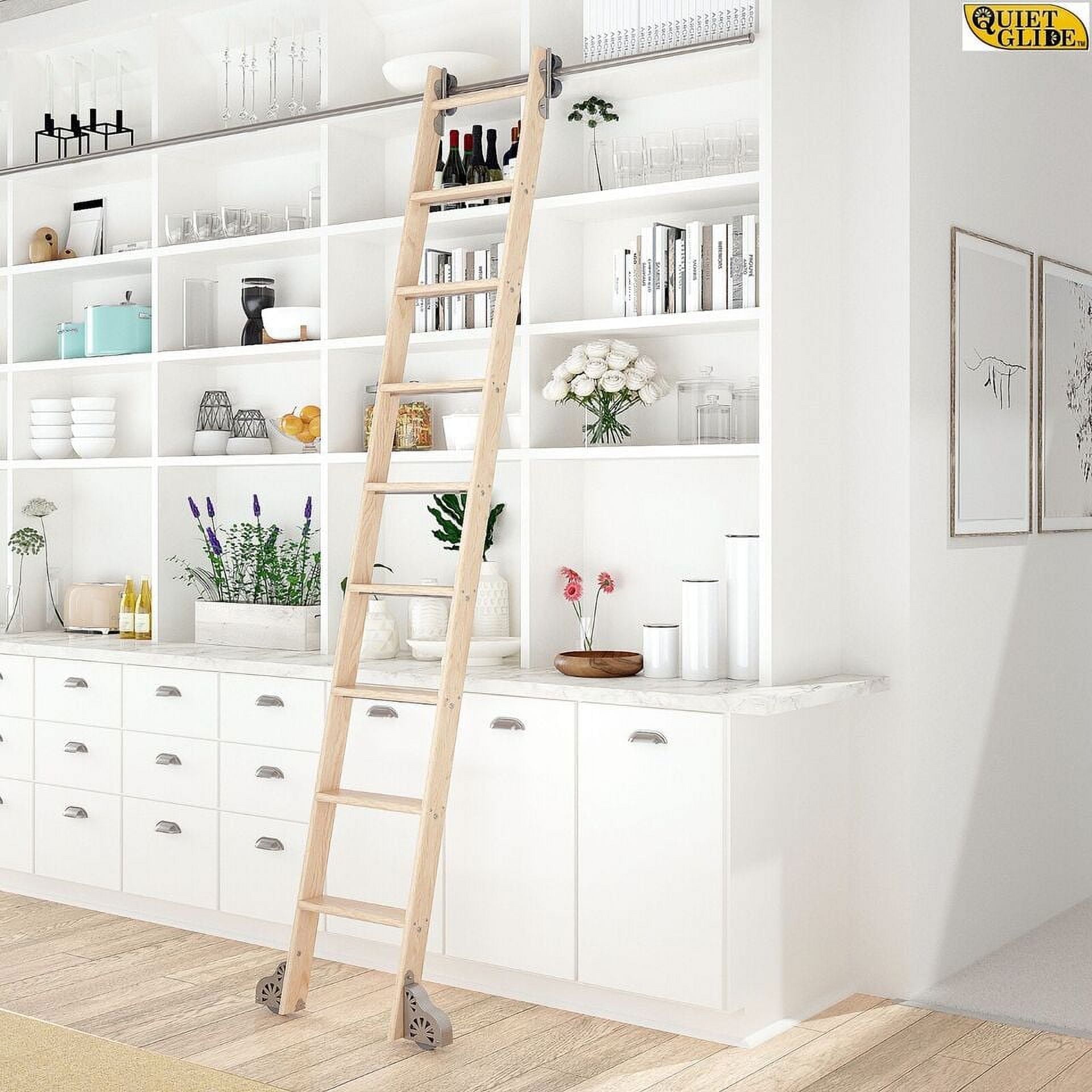 96.75 in. Unfinished Maple Library Ladder Satin Nickel Rolling Ladder ...