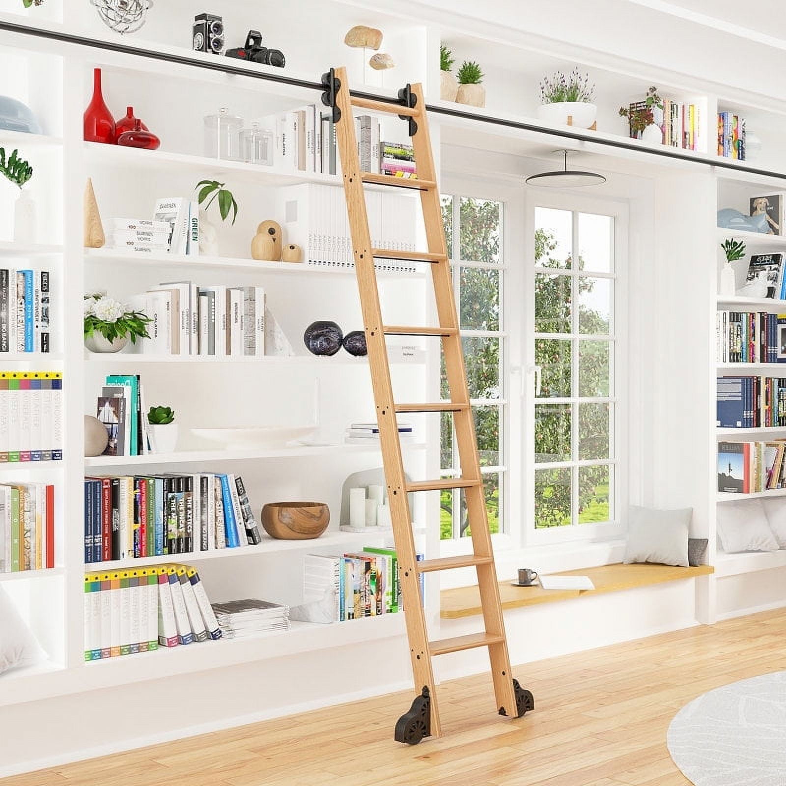 96.75 in. Unfinished Red Oak Library Ladder Black Rolling Ladder Kit ...