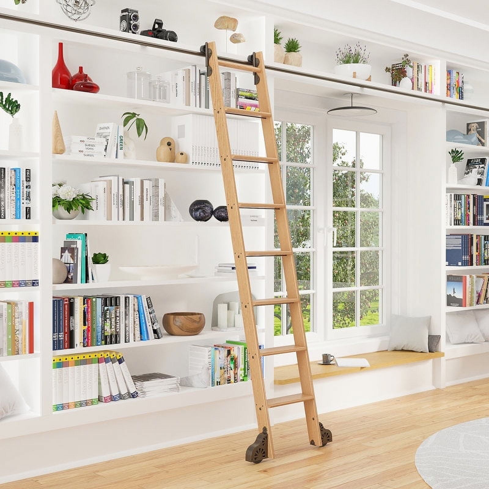 96.75 in. Unfinished Red Oak Library Ladder Bronze Removable Rolling ...