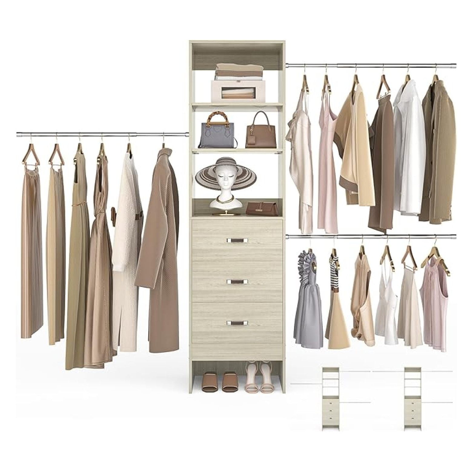 96'' Closet Organizer System with 3 Hanging Rods, 8FT Closet Systems ...