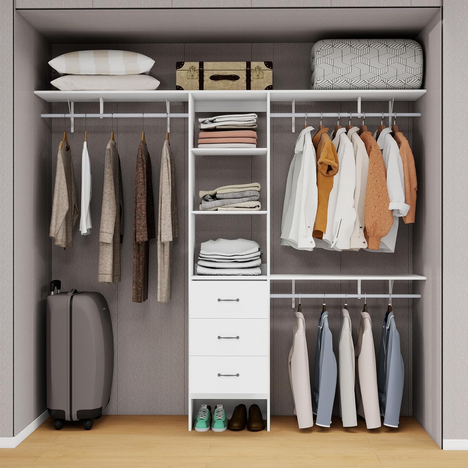 96" Closet Organizer System with Drawers, 82.67"H Walk In Closet ...