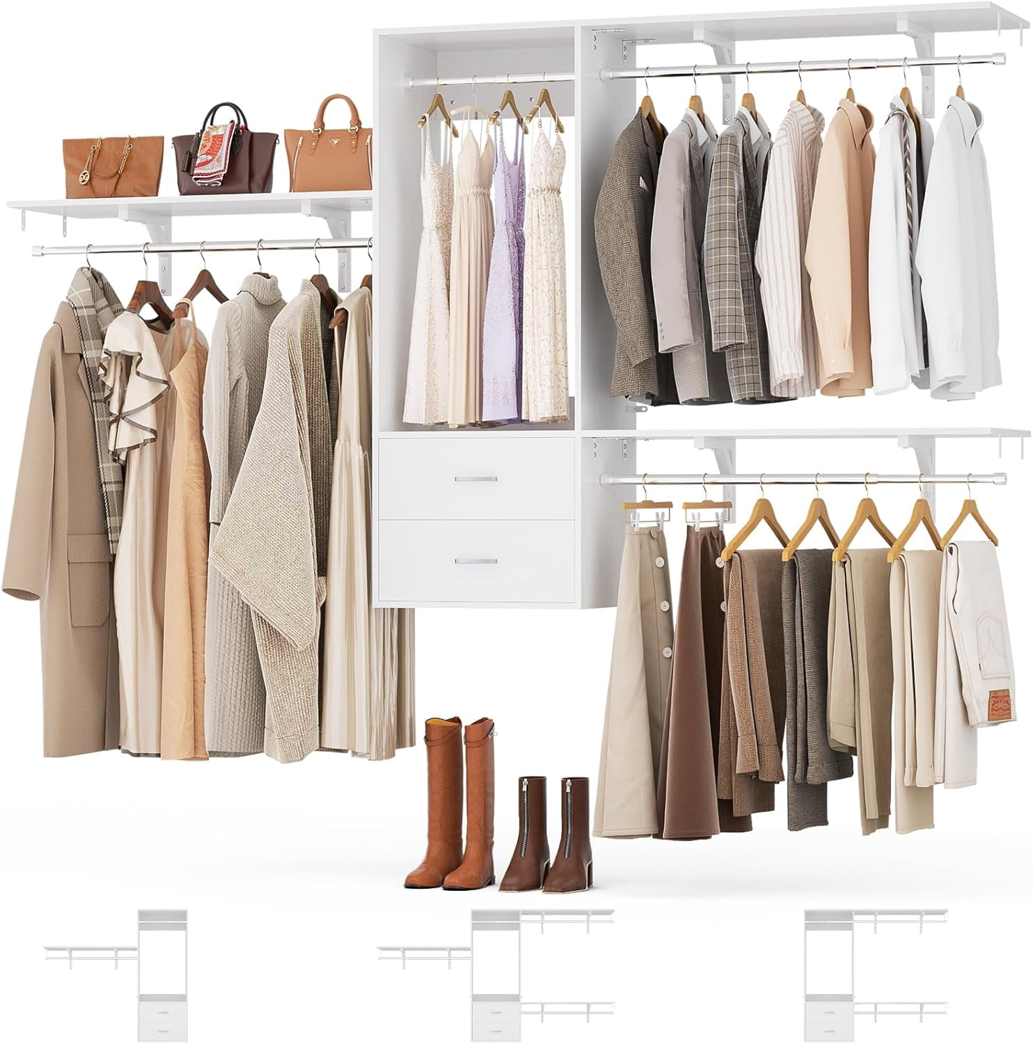96" Closet System with 2 Wooden Drawers, 4-8ft Walk-in Closet Organizer ...