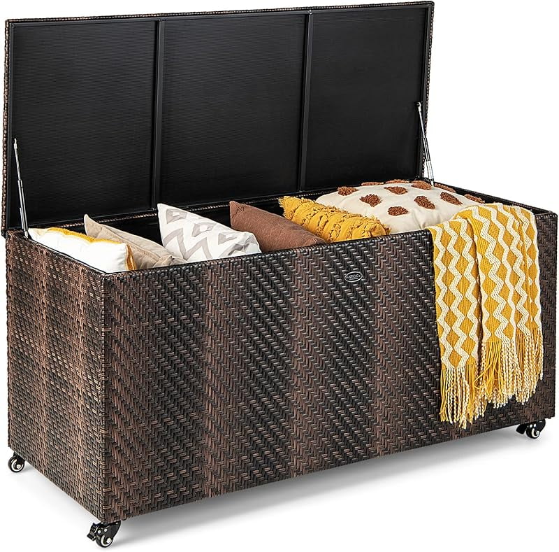 96 Gallon Deck Box, PE Wicker Outdoor Storage Box with 4 Wheels and ...