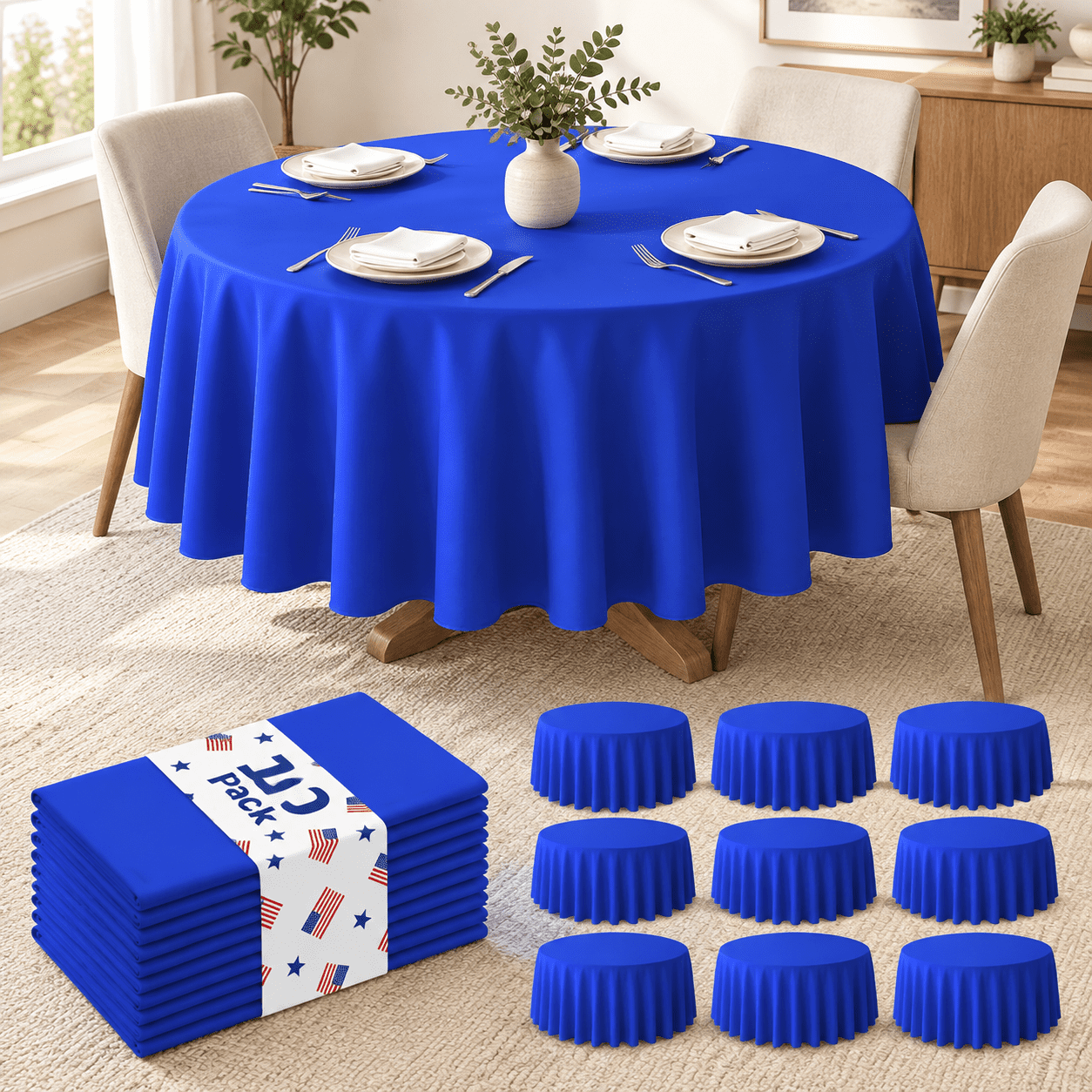 96 Inch Disposable Plastic Tablecloth Blue 10 Pack Round Table Covers ...