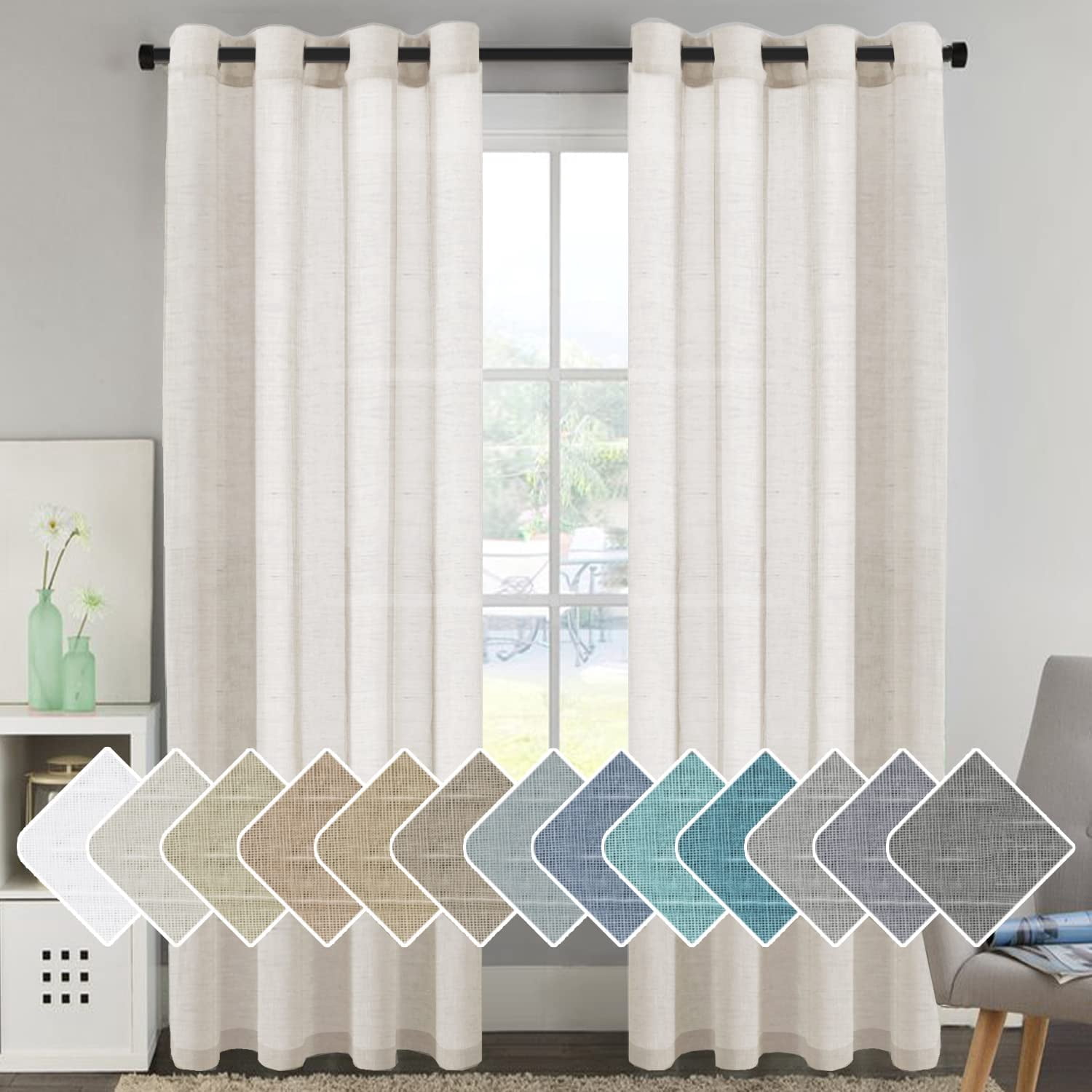 96 Inch Linen Blend Sheer Curtains with Nickel Grommets, Natural Light ...