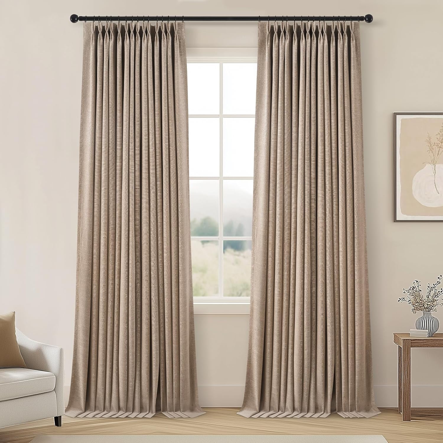96 Inch Long Pinch Pleated Dark Linen Color Curtains,100% Blackout Thermal Insulated Natural ...