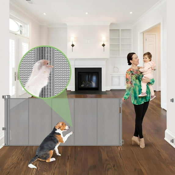 96 Inch Wide Reinforced Retractable Dog Gate with Support Rods ...
