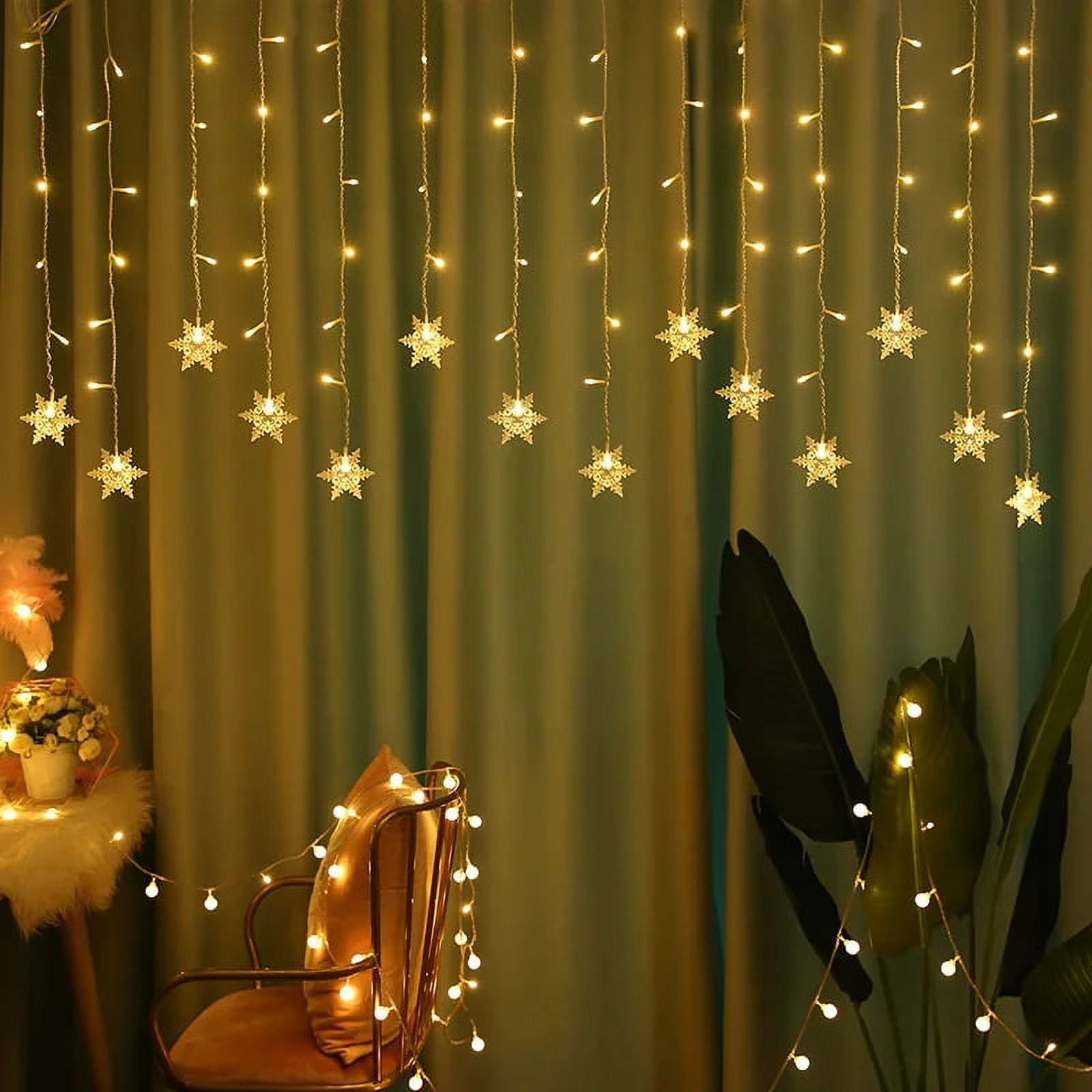 96 LED Snowflake Curtain String Lights, 8 Modes Window Hanging Lights ...