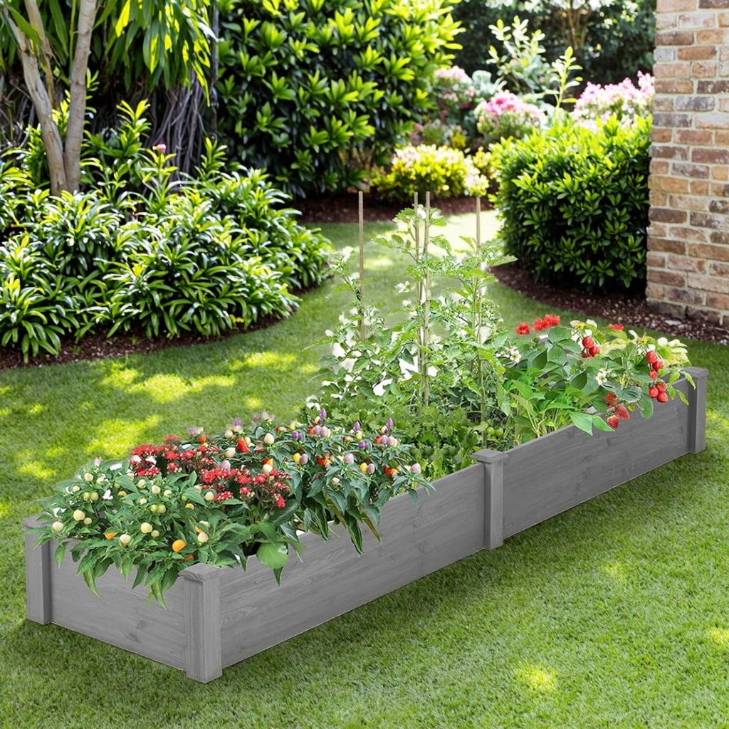 96" Long Raised Garden Bed Planter Box - Outdoor Gray Solid Wood, Tool ...