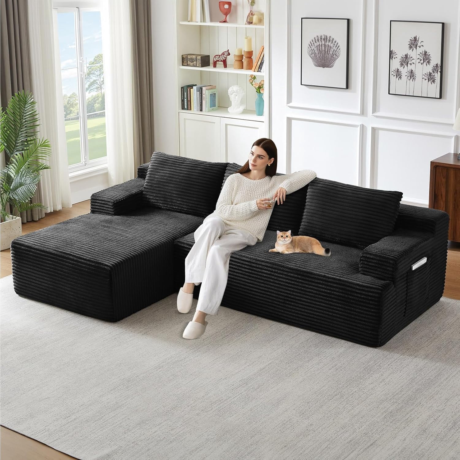 96" Modular Sectional Sofa, Modern Corduroy Cloud Couch with Side ...