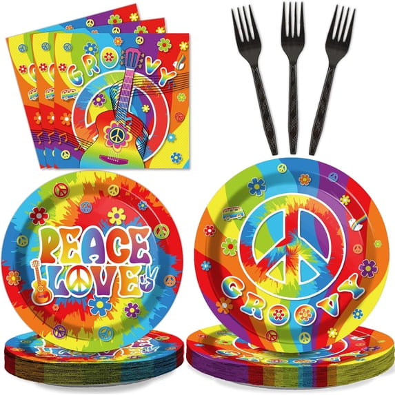 96 PCS 60’s Party Hippie Tableware Set Groovy Plates Napkins 60s Hippie ...